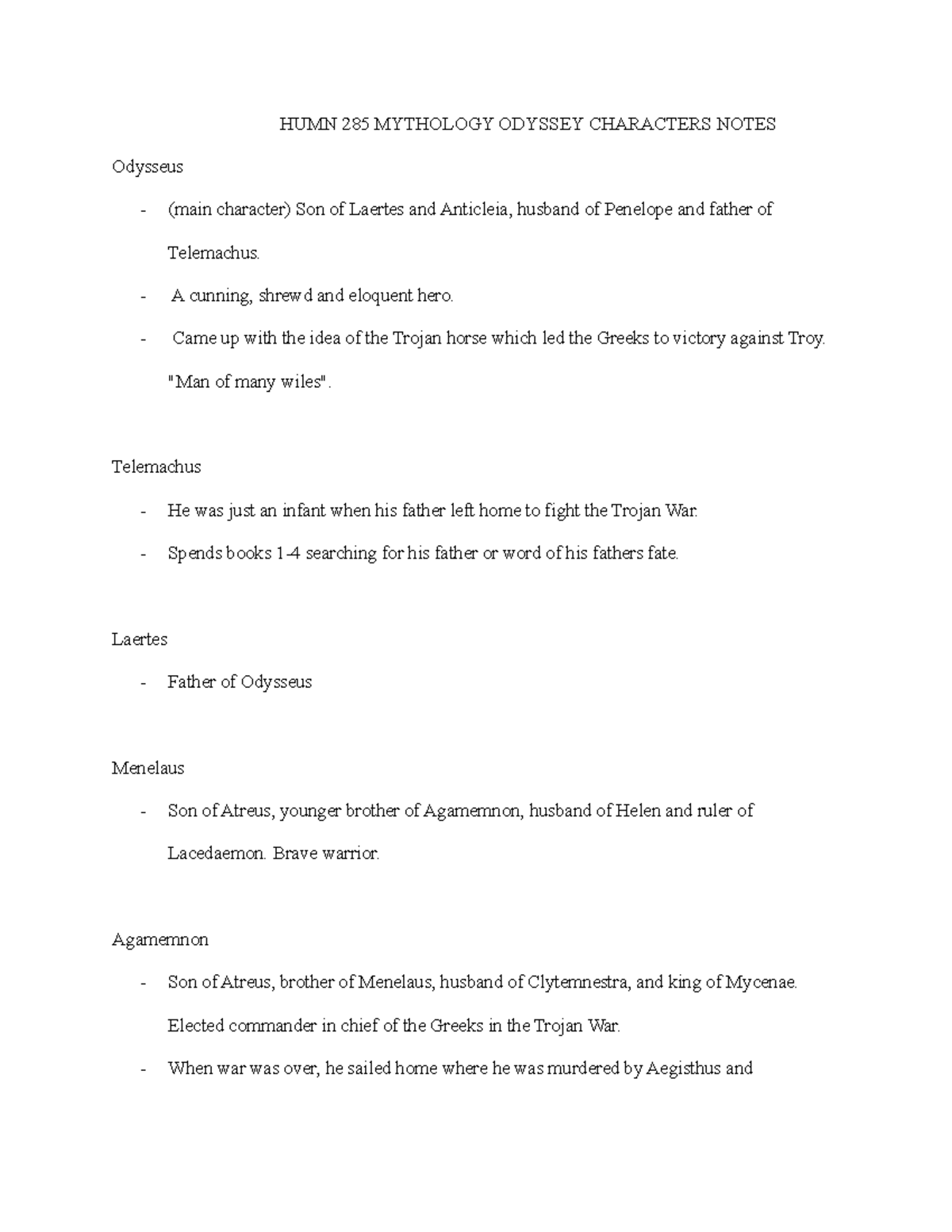 HUMN 285 Mythology Odyssey Characters Notes - HUMN 285 MYTHOLOGY ...