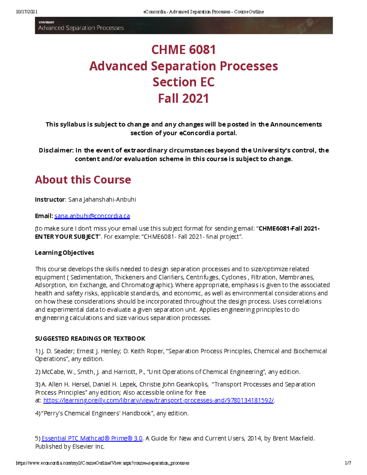 E Concordia - Advanced Separation Processes - Course Outline - CHME ...