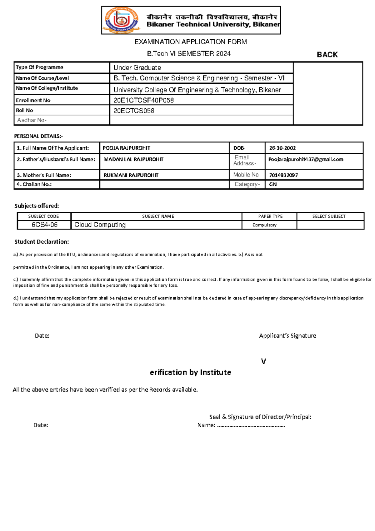 Pooja 1223 - EXAMINATION APPLICATION FORM B VI SEMESTER 2024 BACK Type Of Programme Under ...