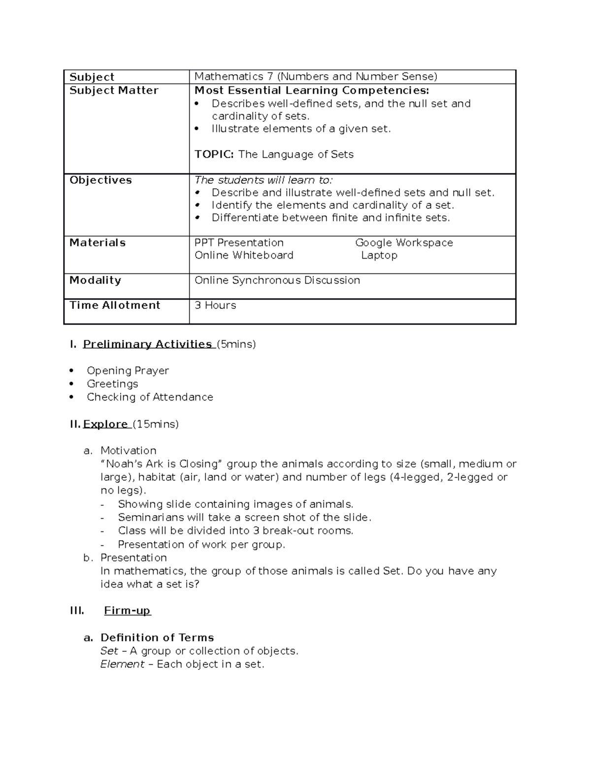Language Of Sets LP Sample Lesson Plan Subject Mathematics 7