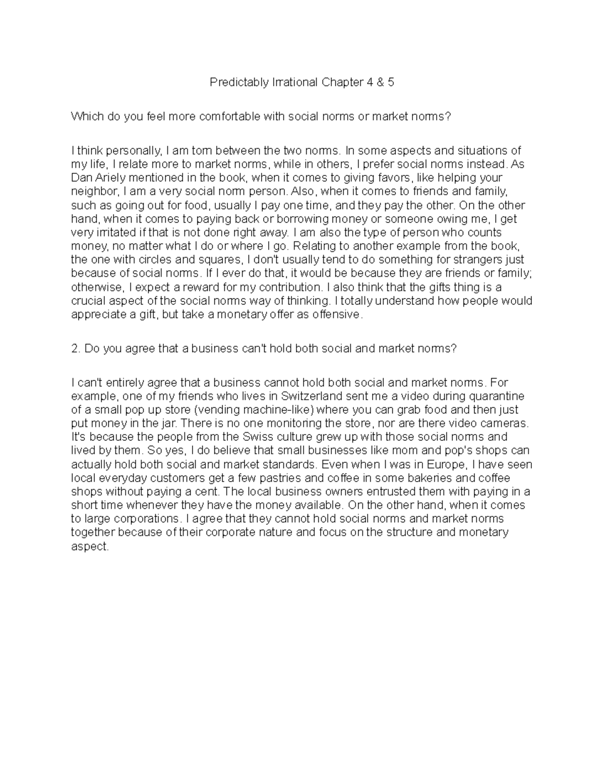 Predictably Irrational Chapter 4&5 Reflection - Predictably Irrational Chapter 4 & 5 Which do ...