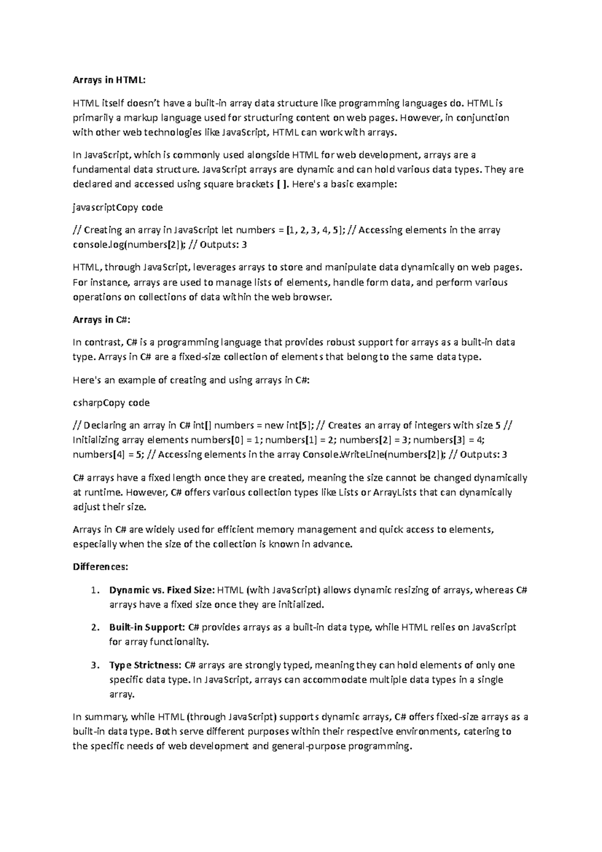 Arrays In Html C Summary Informatics Arrays In Html Html Itself