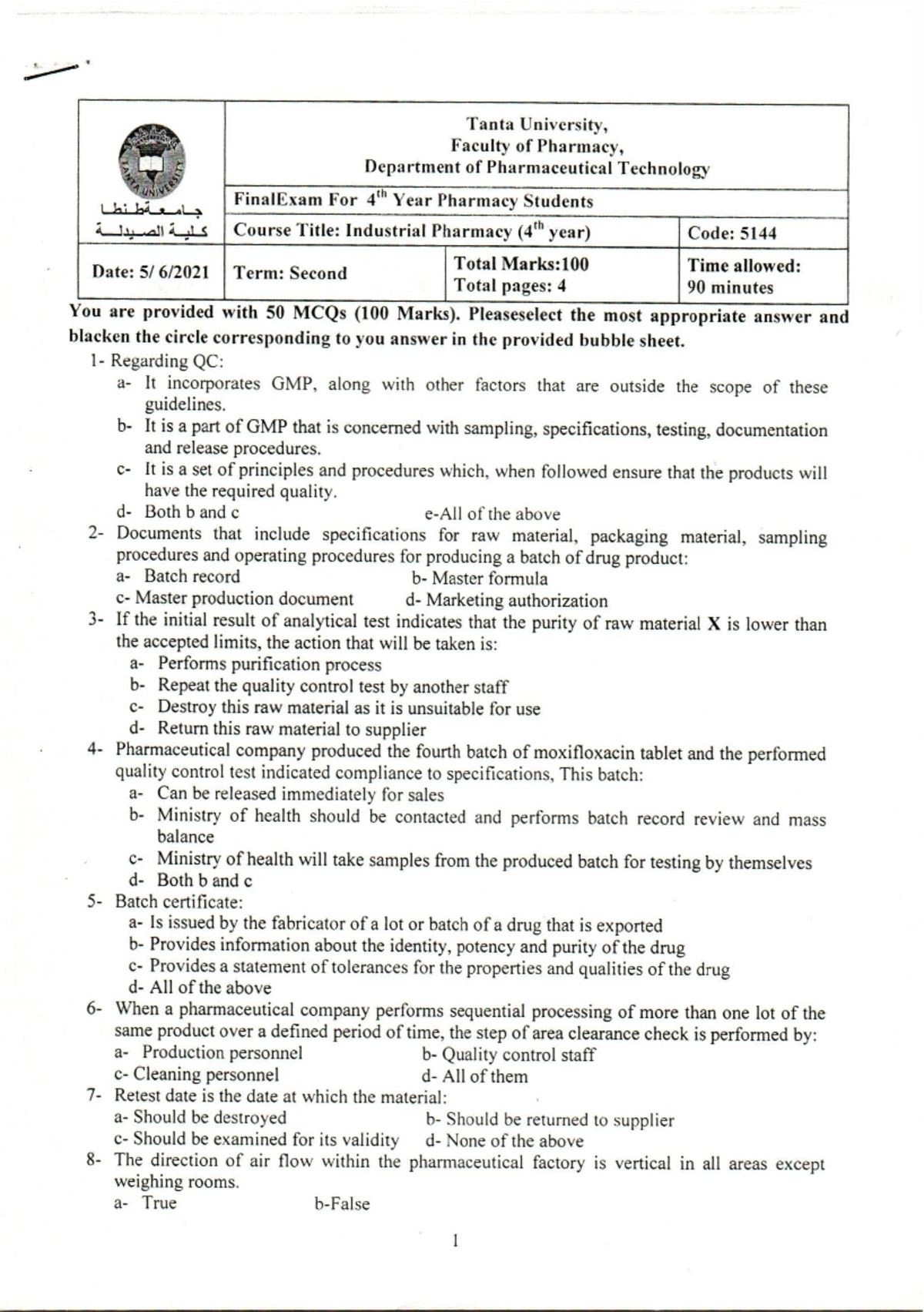 GMP exam - exam in Good Manufacturing Practice in industrial pharmacy ...