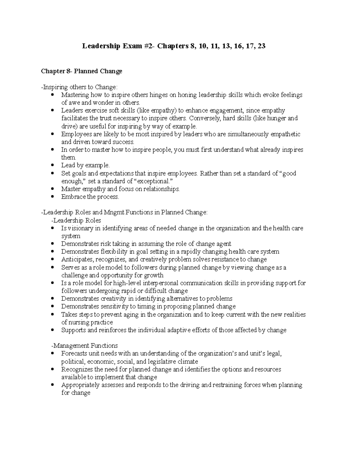 Leadership Exam #2 Study Guide - Leadership Exam #2- Chapters 8, 10, 11 ...
