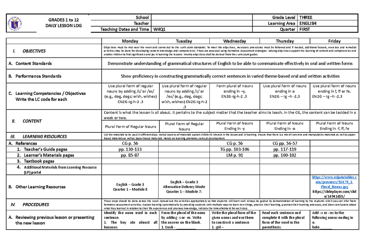 ENG-W4Q1 - School Grade Level THREE Teacher Learning Area ENGLISH ...