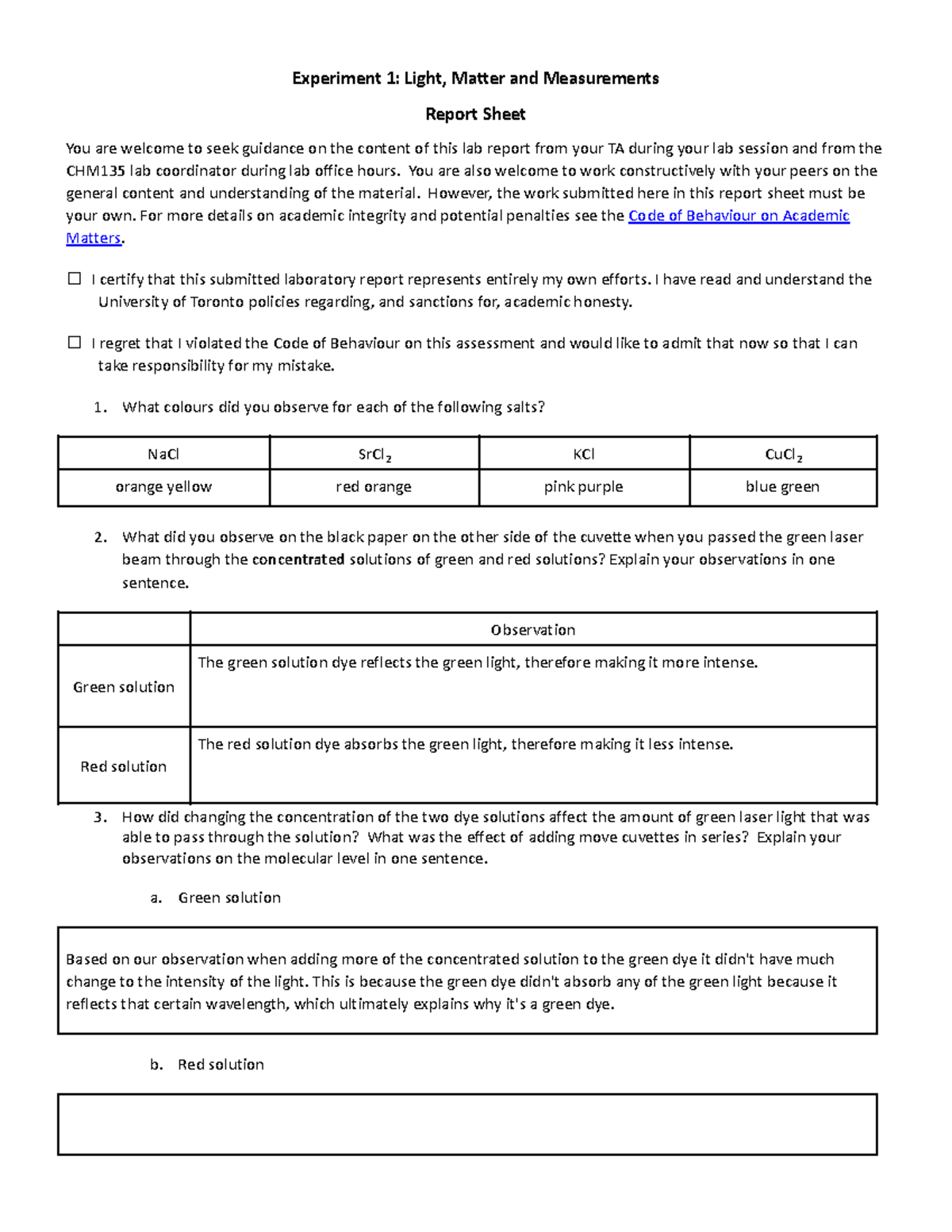 CHM135+Lab+1+report+sheet - Experiment 1: Light, Matter and ...