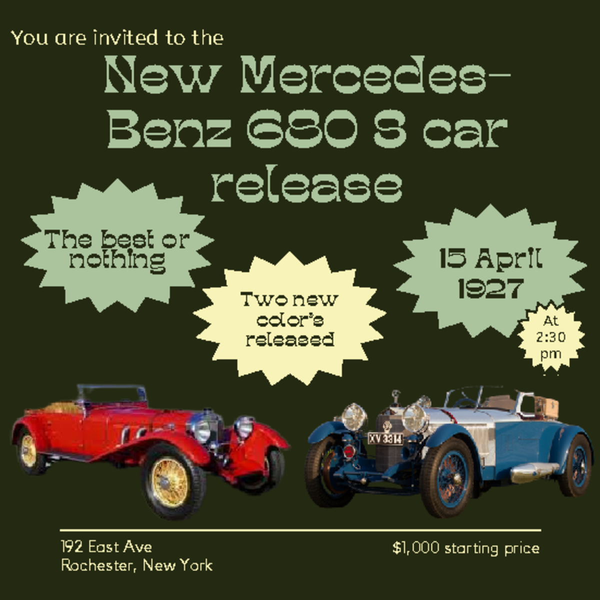 Green Vintage Car Show Invitation - 15 April 1927 New Mercedes- Benz ...