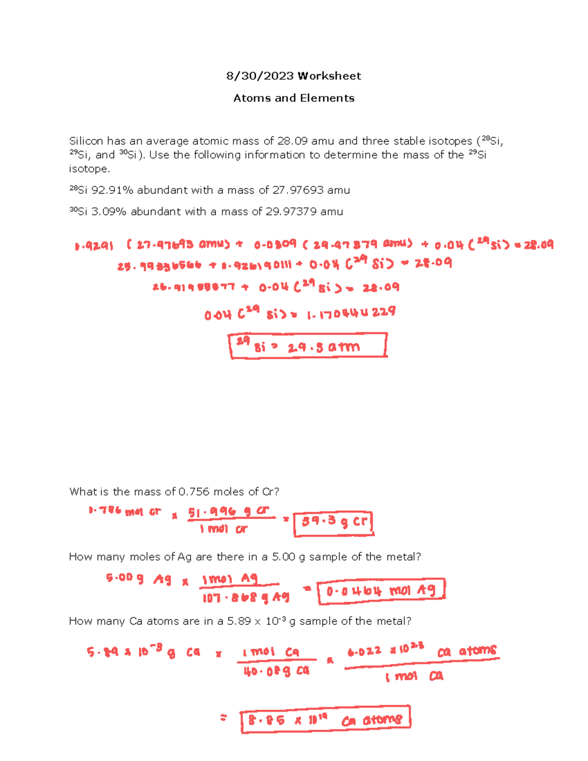 Worksheet 8:30 - 8 / 30 /2023 Worksheet Atoms and Elements Silicon has ...