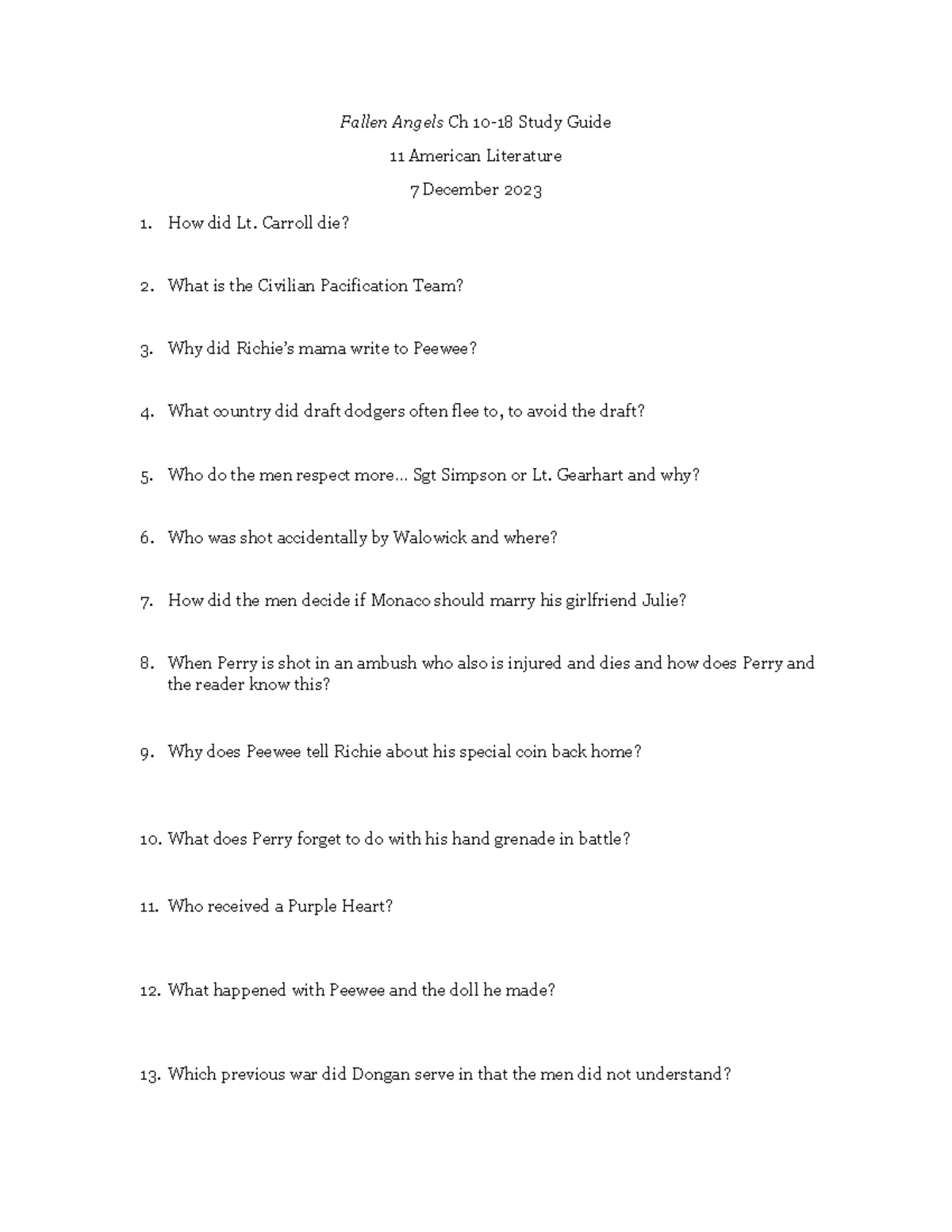 Fallen Angels Ch 10-13 Study Guide questions - Fallen Angels Ch 10-18 ...