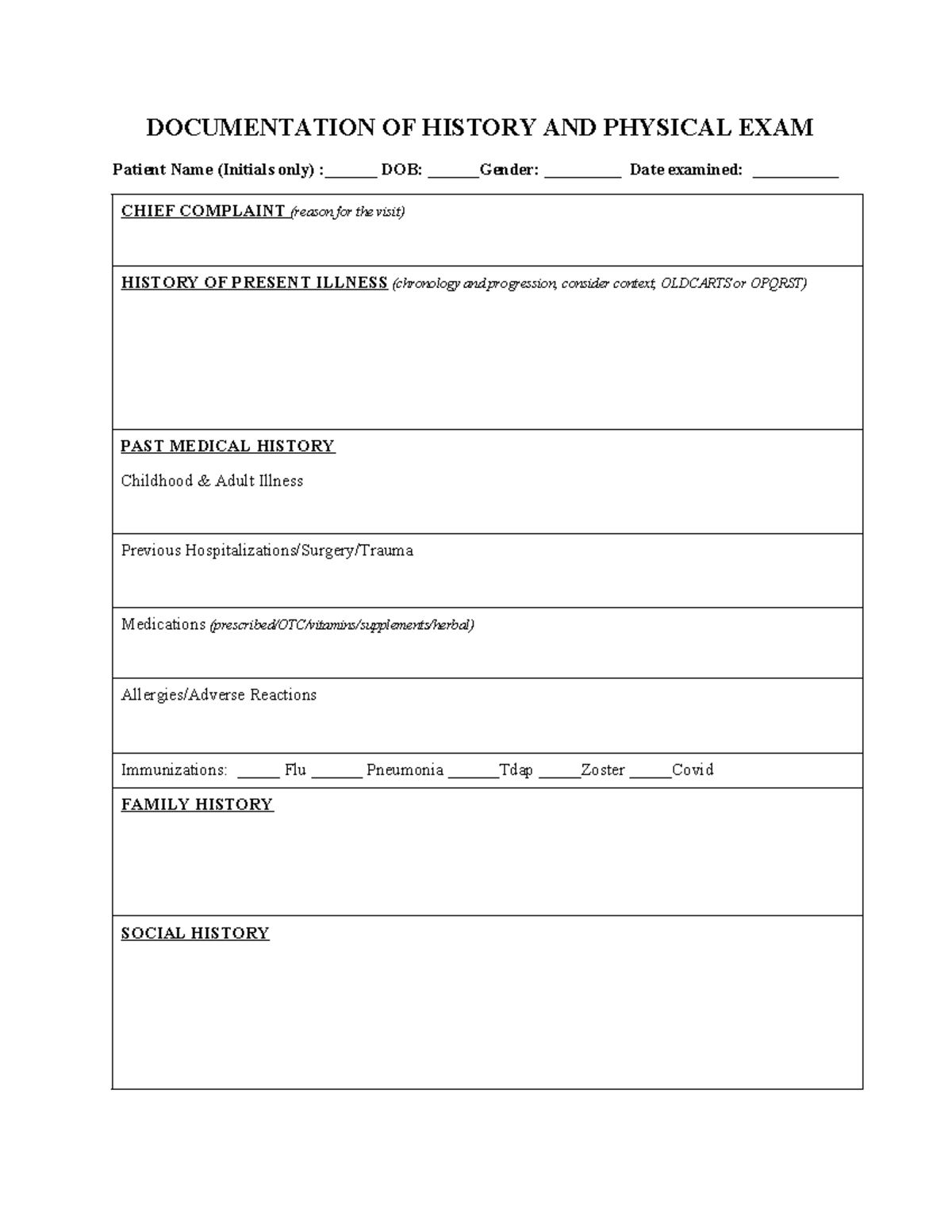 H&P Template - DOCUMENTATION OF HISTORY AND PHYSICAL EXAM Patient Name ...