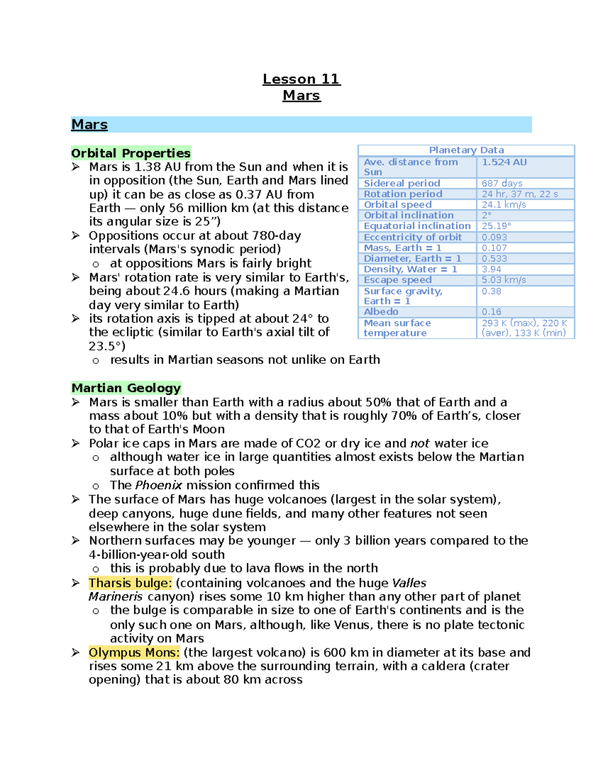 Lesson 11 - mars - Lesson 11 Mars Mars Orbital Properties Mars is 1 AU ...