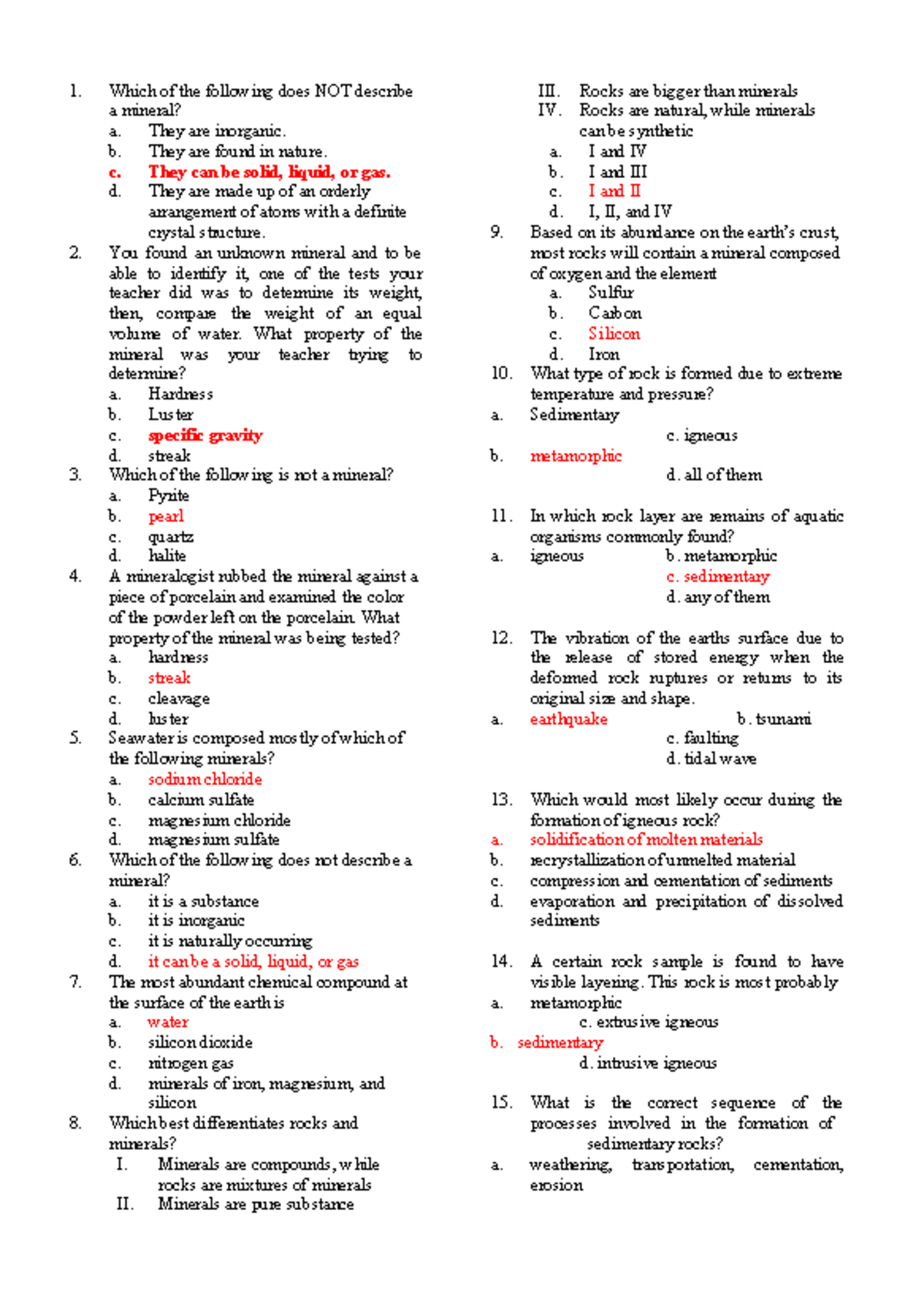 Answer Key Earth Science Pre test - Which of the following does NOT ...