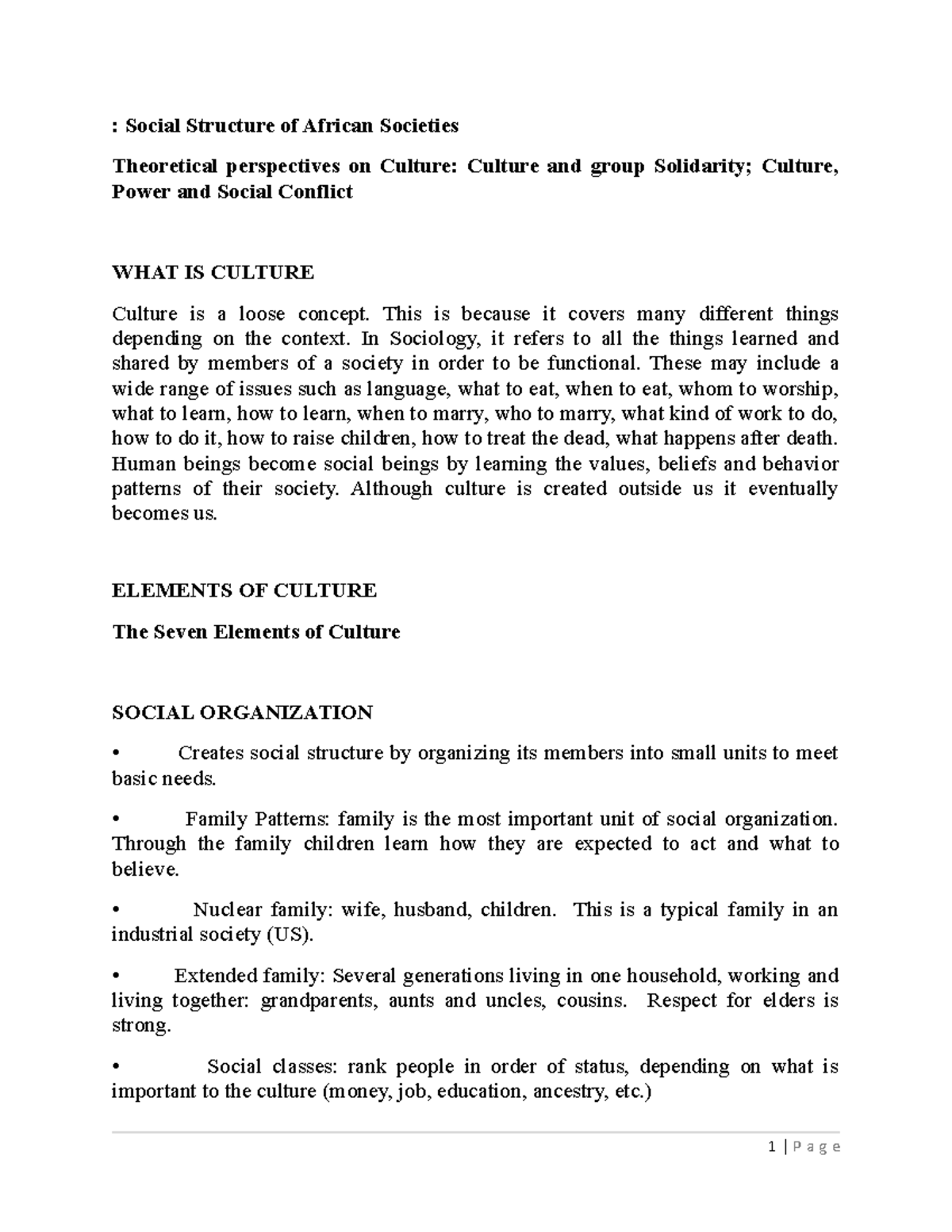 Elements and functions of culture - : Social Structure of African ...