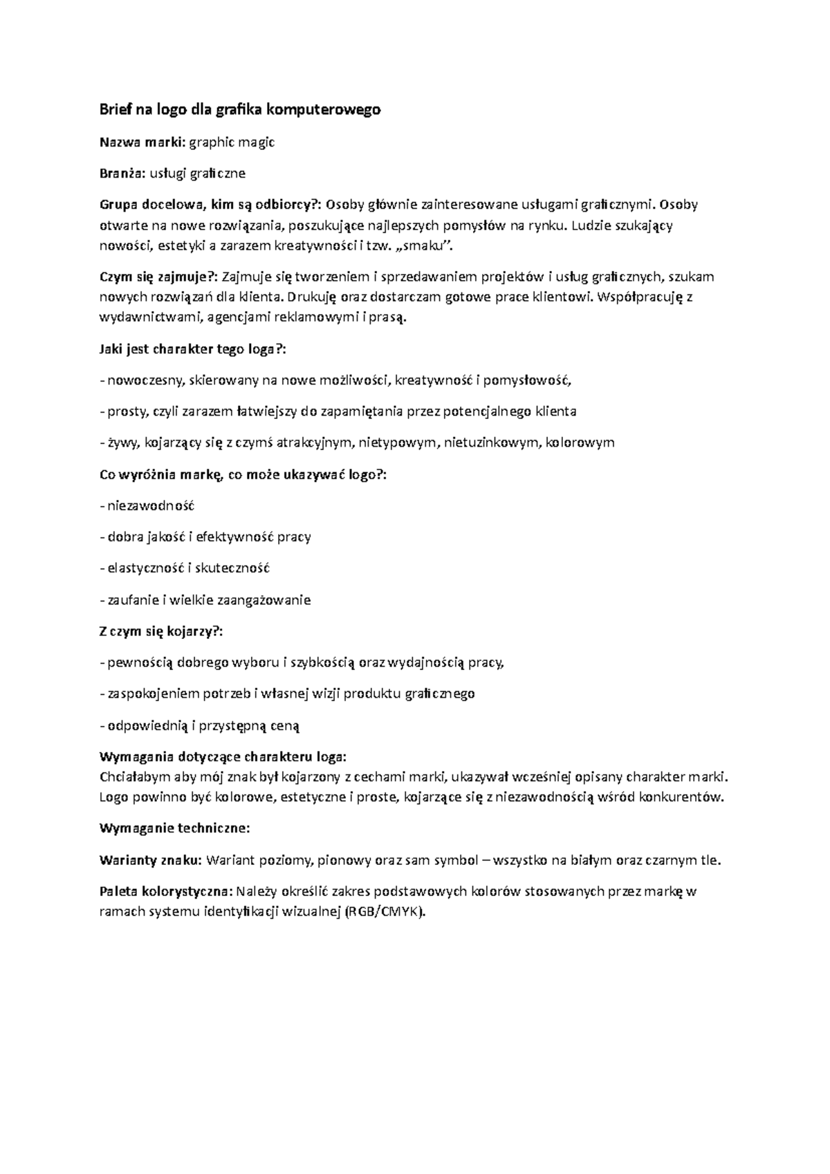 Brief na logo grafika - Brief na logo dla grafika komputerowego Nazwa ...