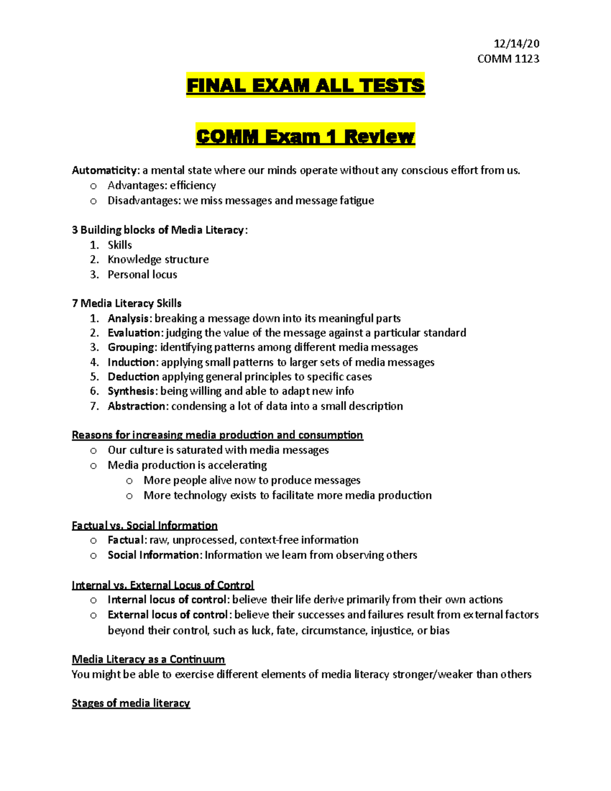 Comm 1233 exam 1 study guide - COMM 1123 FINAL EXAM ALL TESTS COMM Exam ...