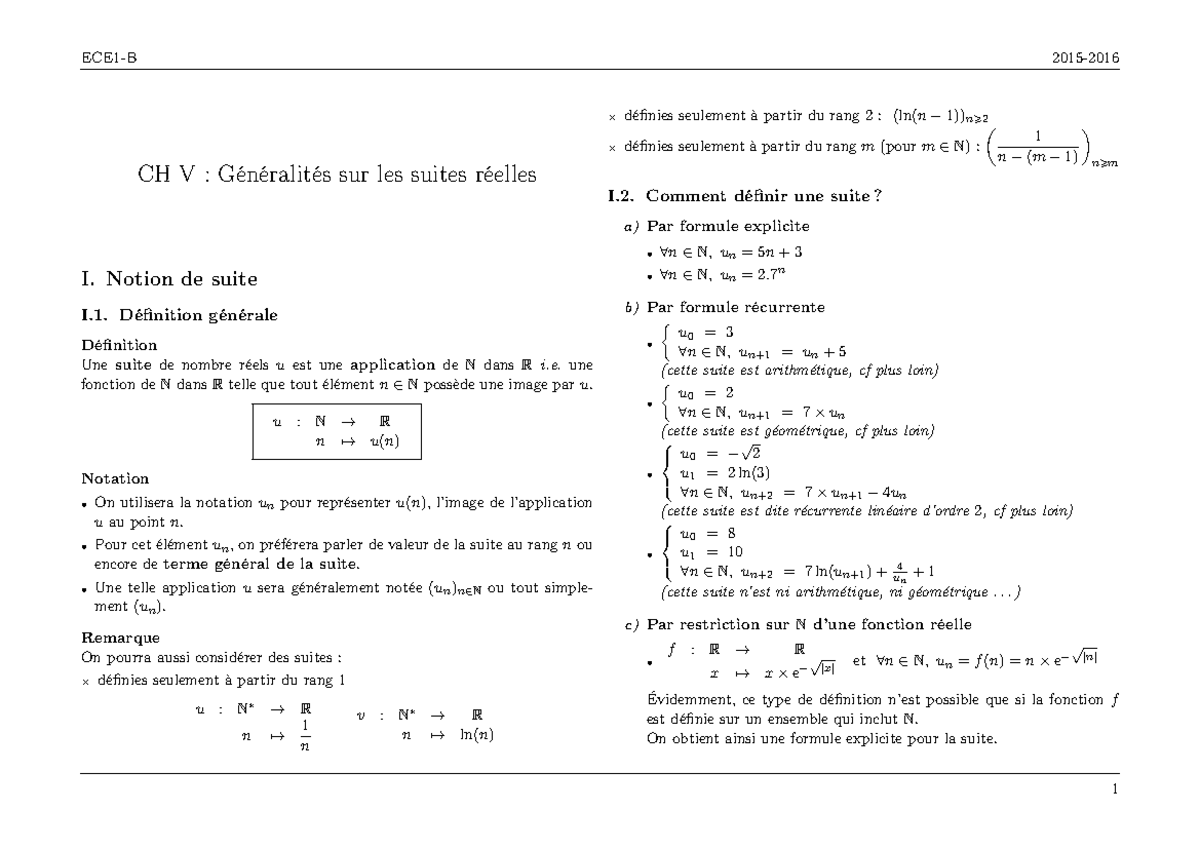 Chapitre Généralités sur les suites réelles - CH V : Généralités sur ...