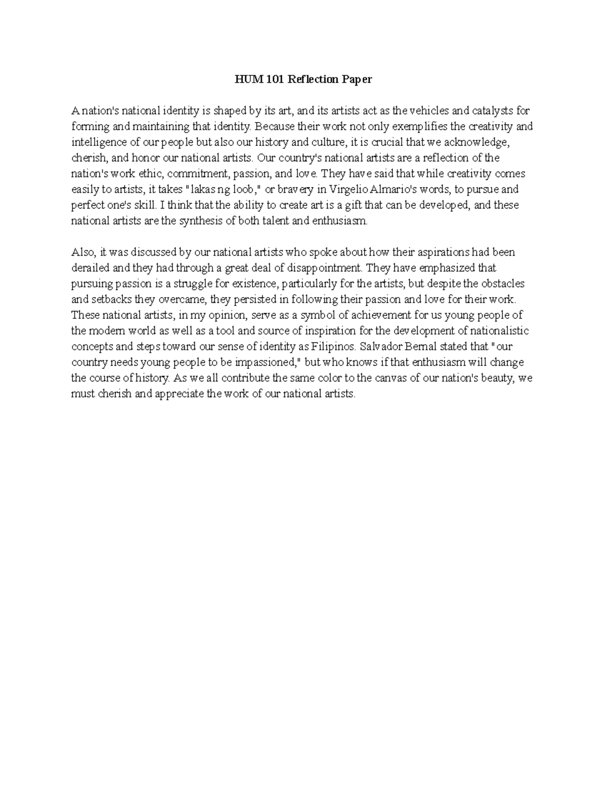 HUM 101 Reflection Paper - HUM 101 Reflection Paper A nation's national identity is shaped by ...