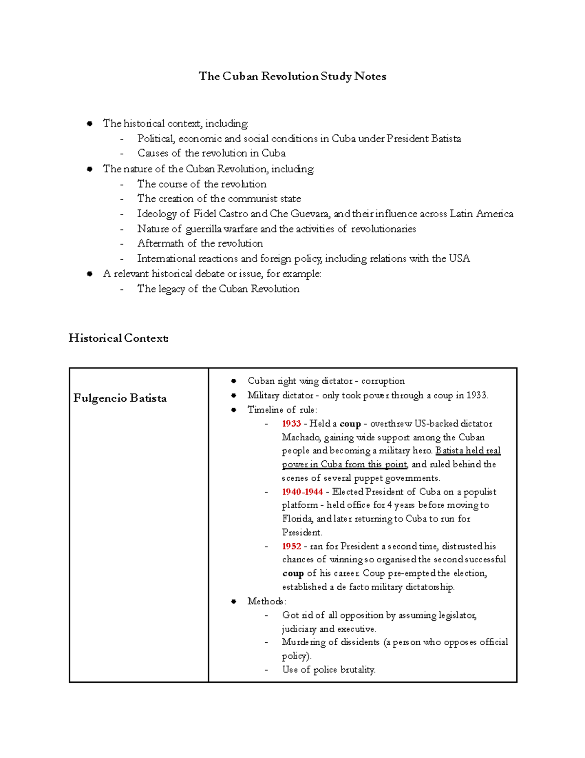 Study notes - cuban revolution - The Cuban Revolution Study Notes The ...