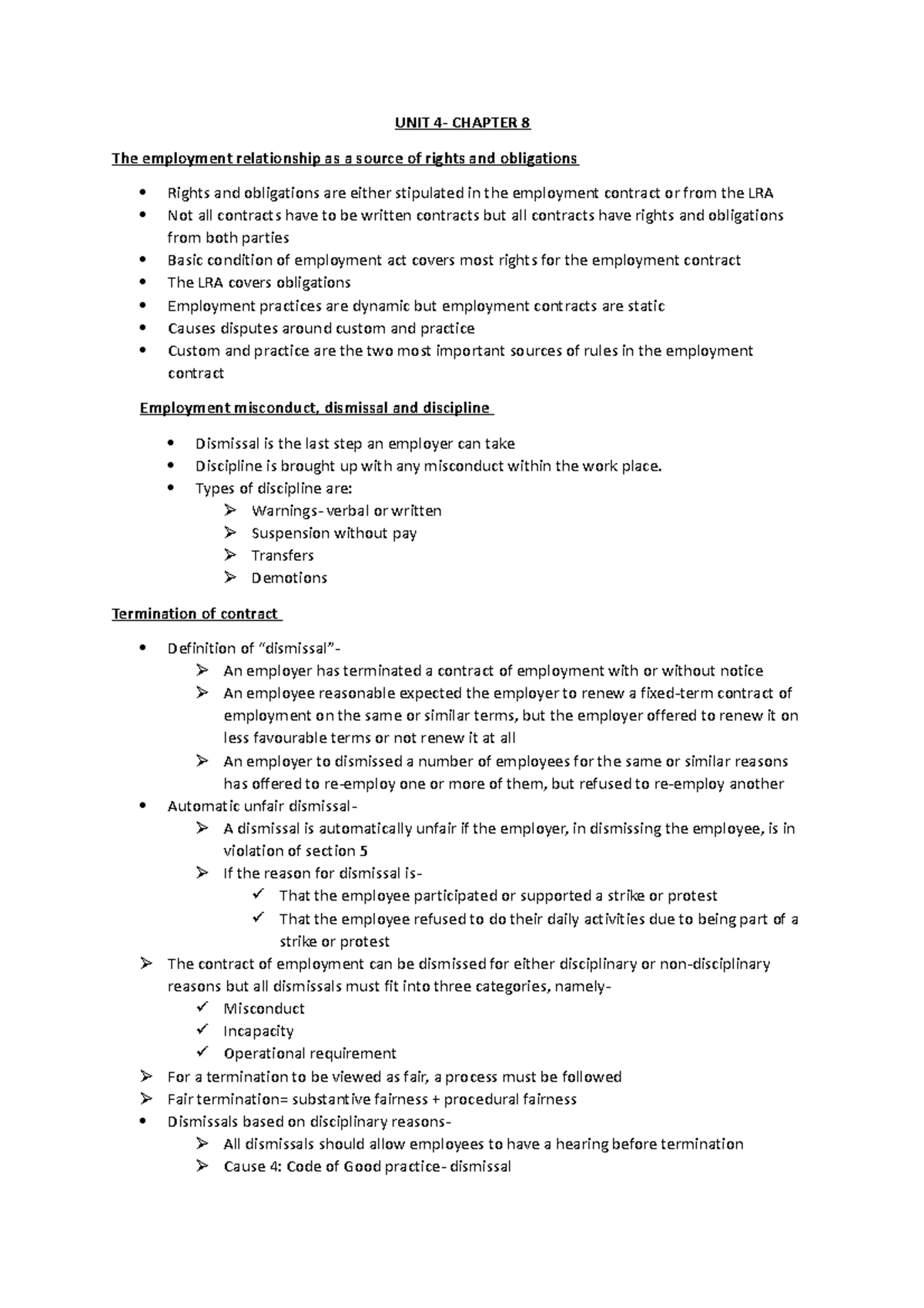UNIT 4 - Summary of Unit 4 reader - UNIT 4- CHAPTER 8 The employment ...