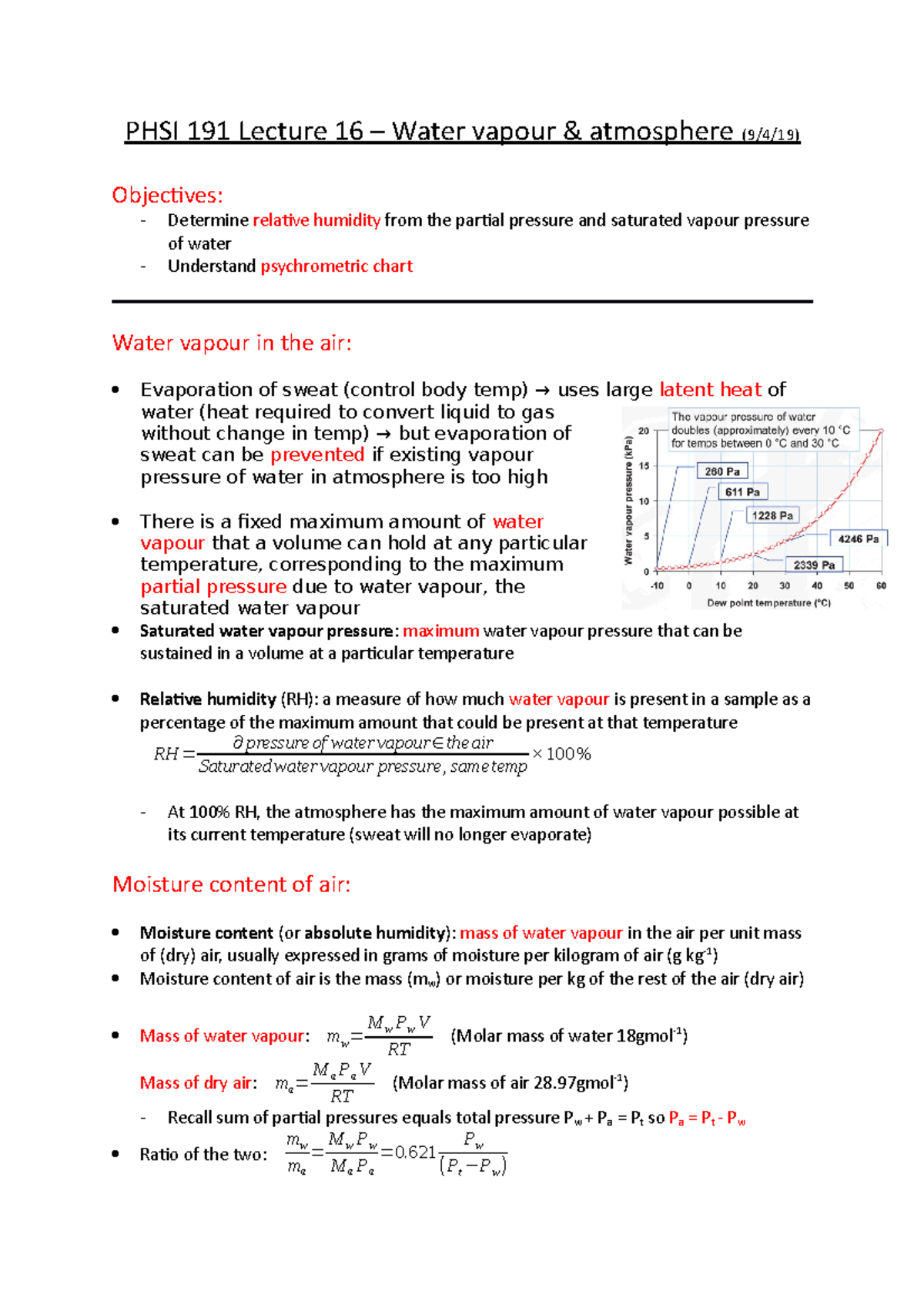 PHSI 191 Lecture 16 - PHSI191 - PHSI 191 Lecture 16 – Water vapour & atmosphere (9/4/19) - Studocu