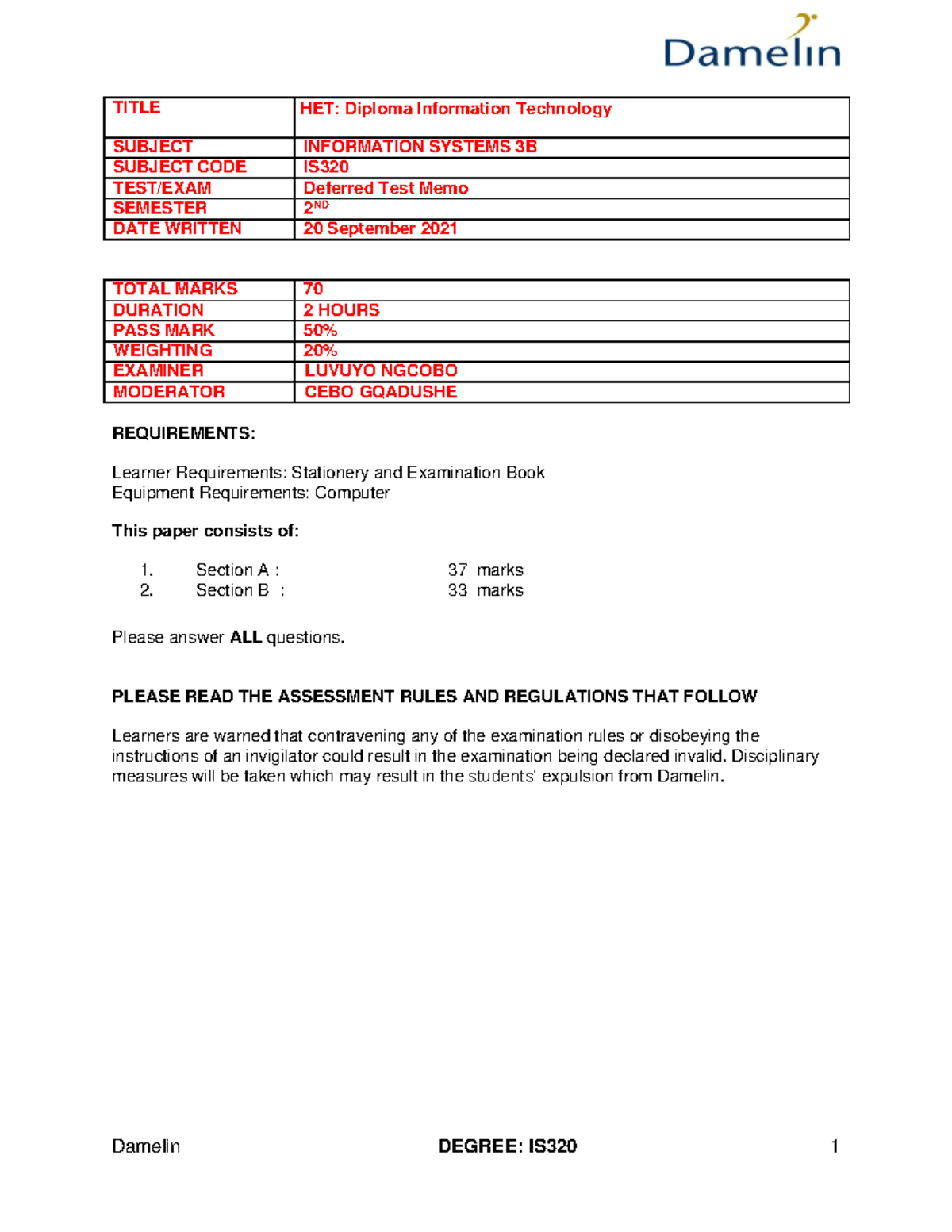 Information Systems 3B Deferred Test Memo - TITLE HET: Diploma ...