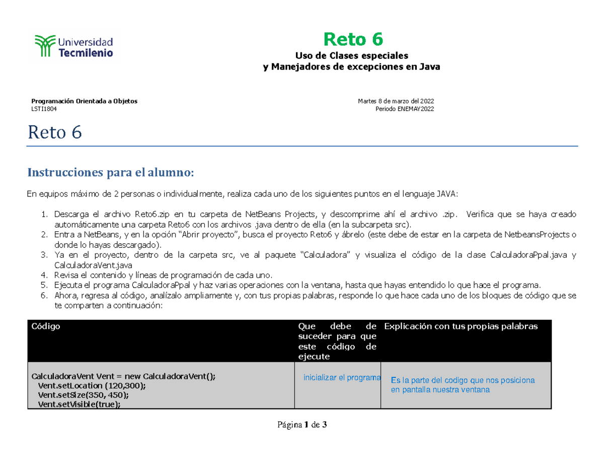 Reto6-POO- Enemay 2022 - Página 1 de 3 Reto 6 Uso de Clases especiales y Manejadores de ...