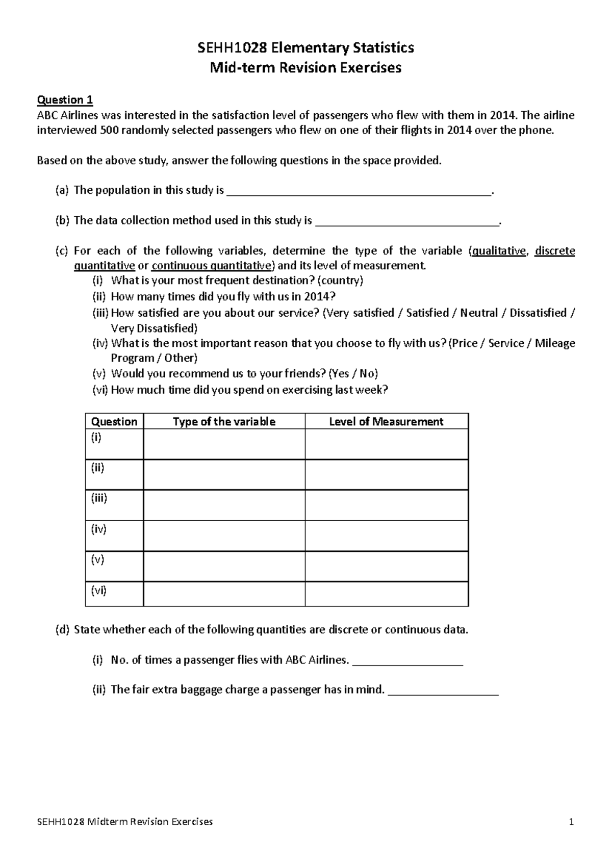 SEHH1028 Midterm Revision Exercises - SEHH1028 Elementary Statistics Mid-term Revision Exercises ...