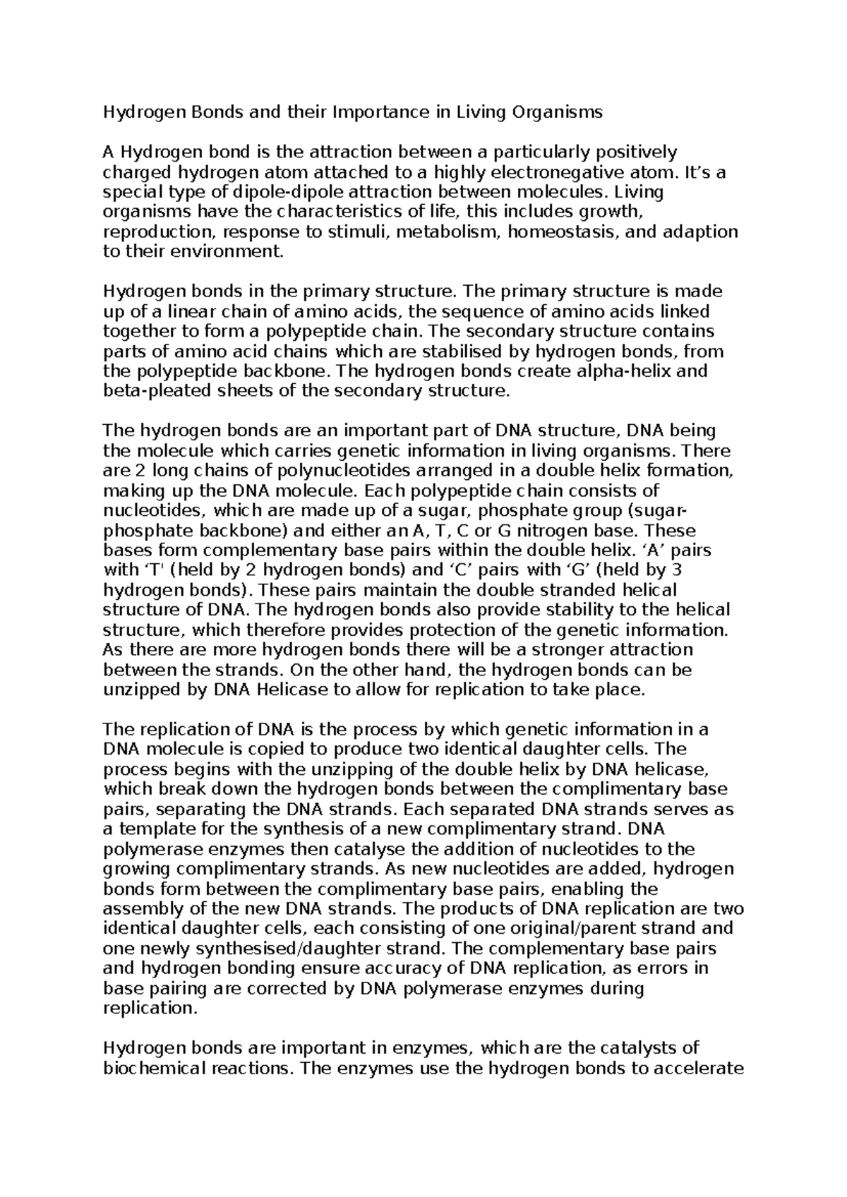 Hydrogen Bonds and their Importance in Living Organisms Essay Biology ...