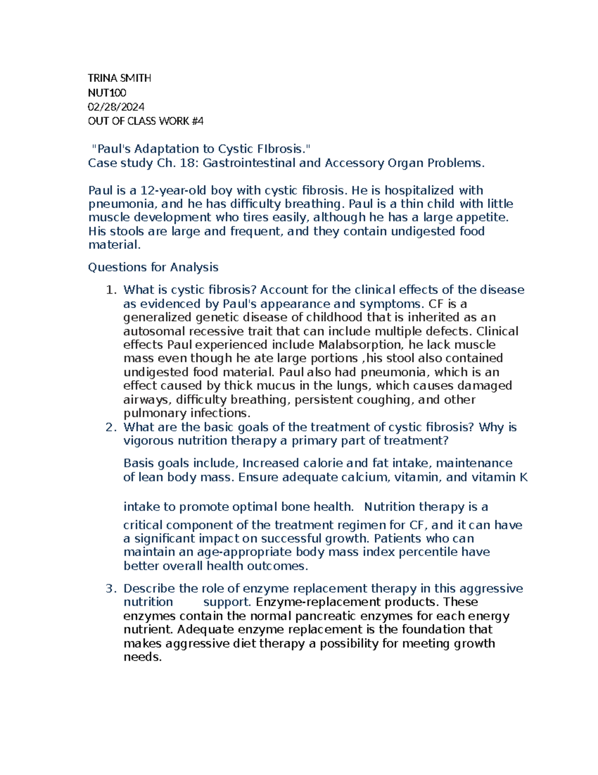 Nutrition homework 4 - TRINA SMITH NUT 02/28/ OUT OF CLASS WORK "Paul's ...