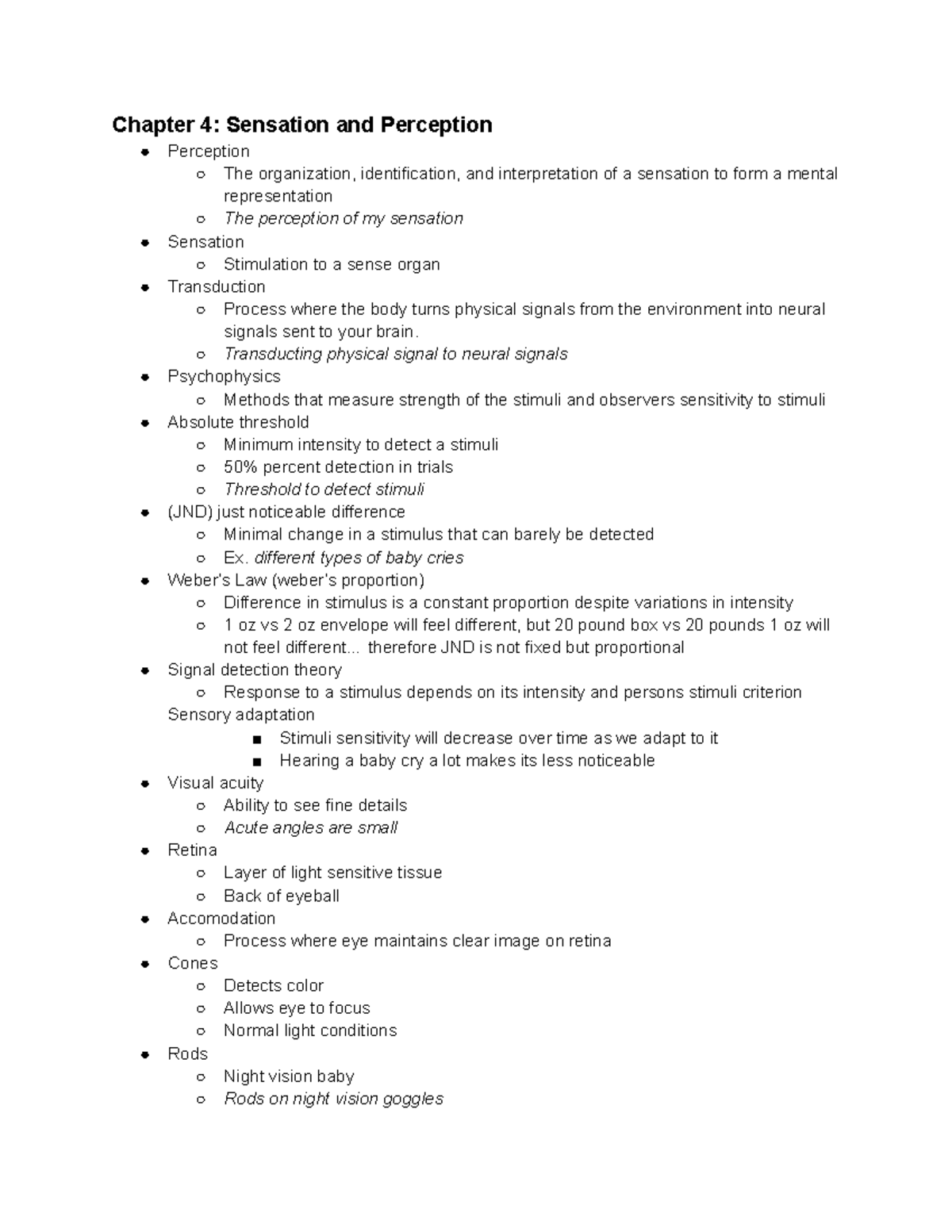 Intro to Psych Notes - Chapter 4: Sensation and Perception Perception ...