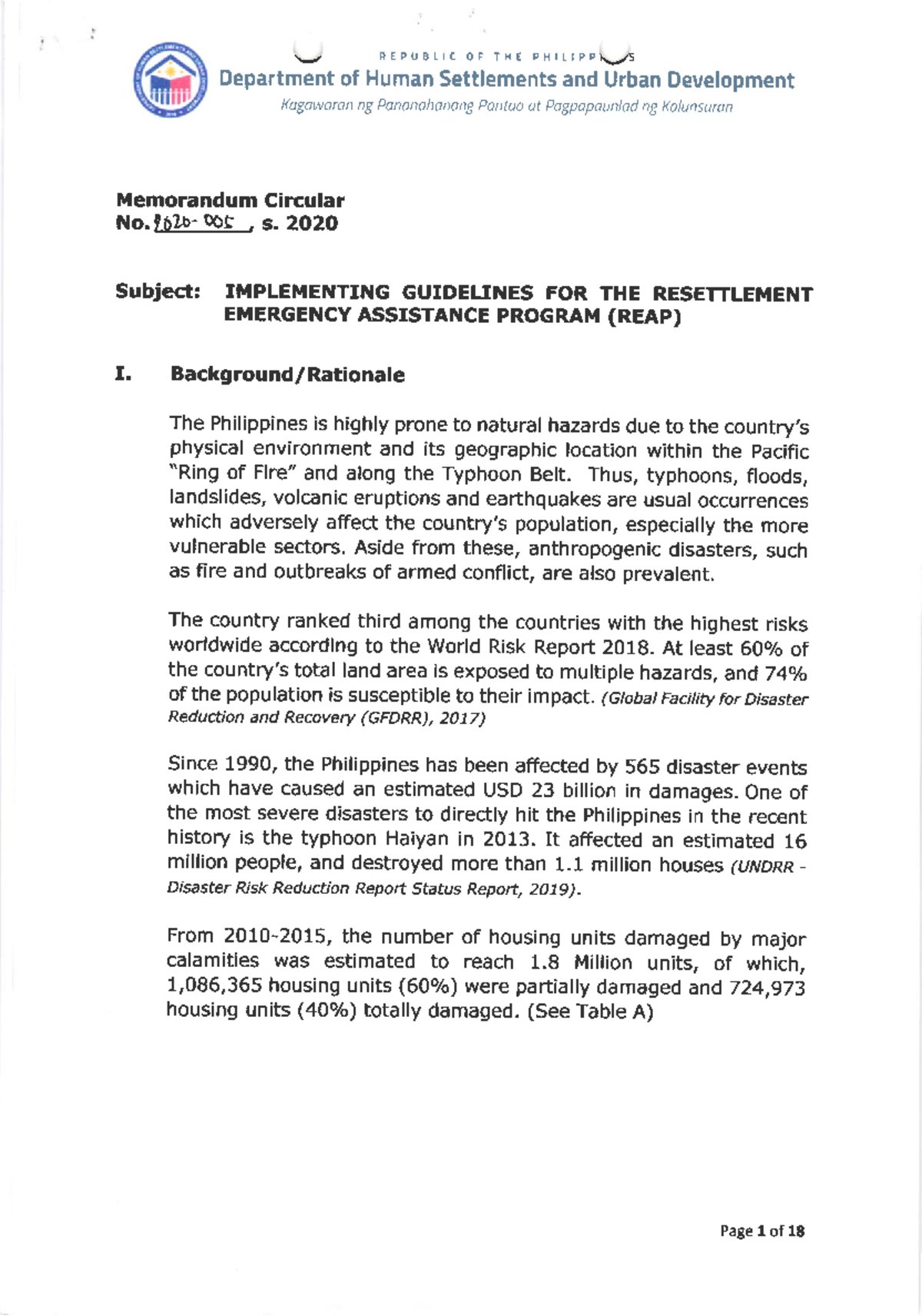 Implementing Guidelines for the Resettlement Emergency Assistance ...