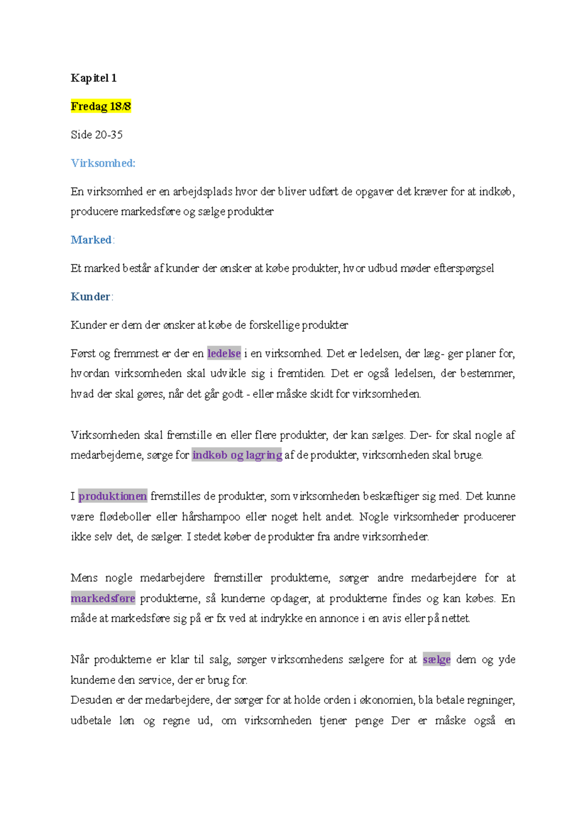 Noter Afsætning - Kapitel 1 Fredag 18/ Side 20- Virksomhed: En ...