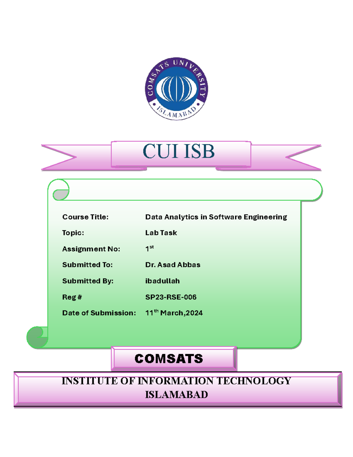 Lab Task - CUI ISB Course Title: Data Analytics in Software Engineering ...