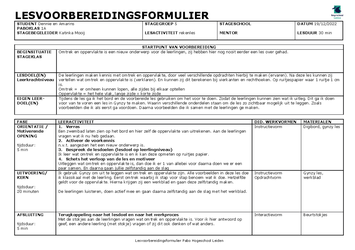 LVF meetkunde les - LESVOORBEREIDINGSFORMULIER STUDENT Dennie en Amarins PABOKLAS 1A ...