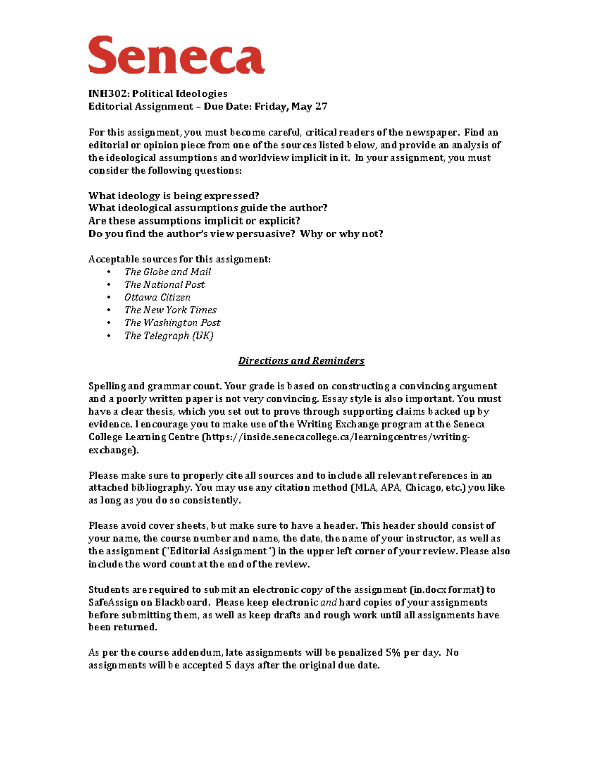 Bercuson INH302NAA Summer 2022 Editorial Assignment and Rubric - INH302 ...