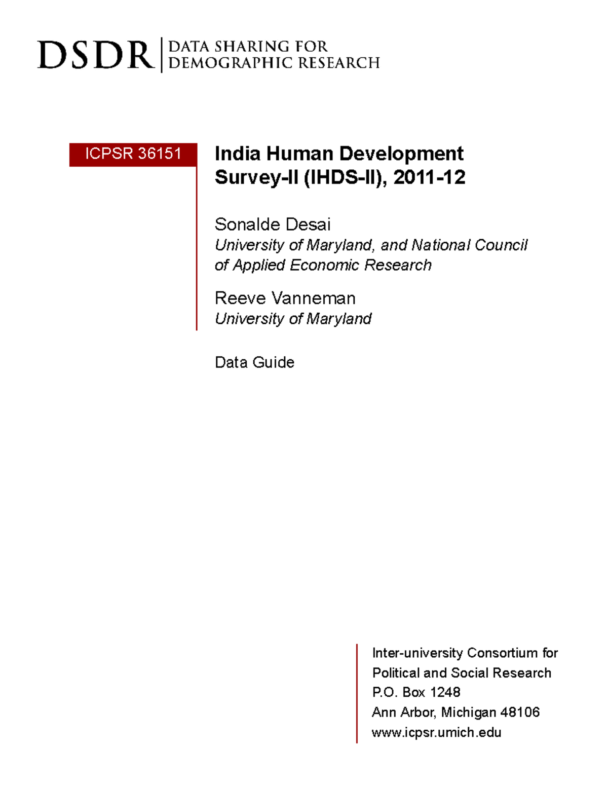 36151-Documentation-Dataguide - India Human Development Survey-II (IHDS ...