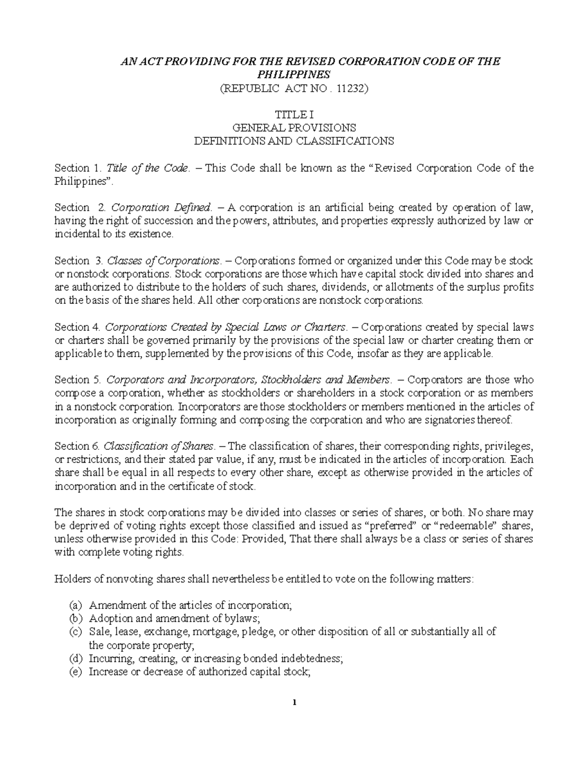 Revised Corporation Code - AN ACT PROVIDING FOR THE REVISED CORPORATION ...