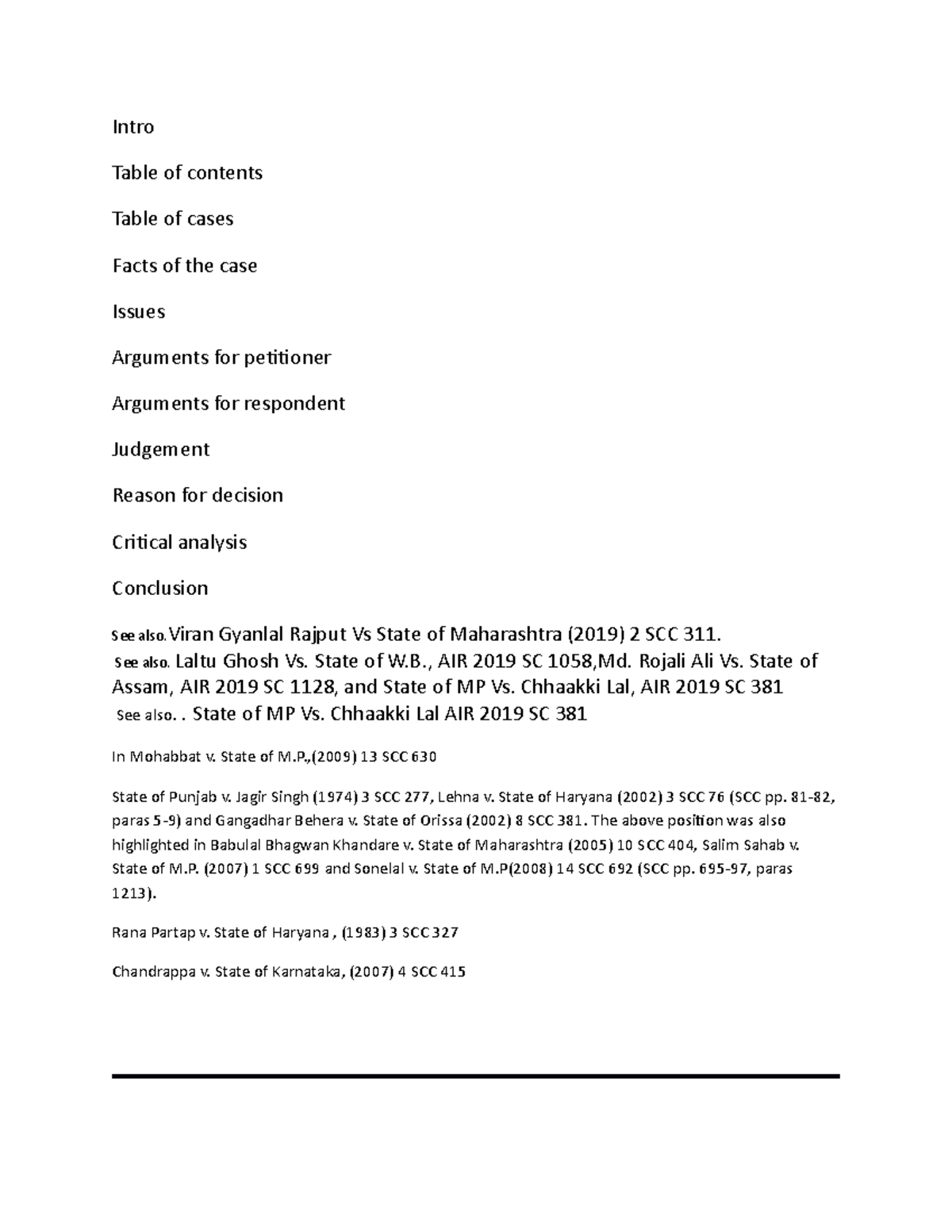 Final case analysis - Intro Table of contents Table of cases Facts of ...