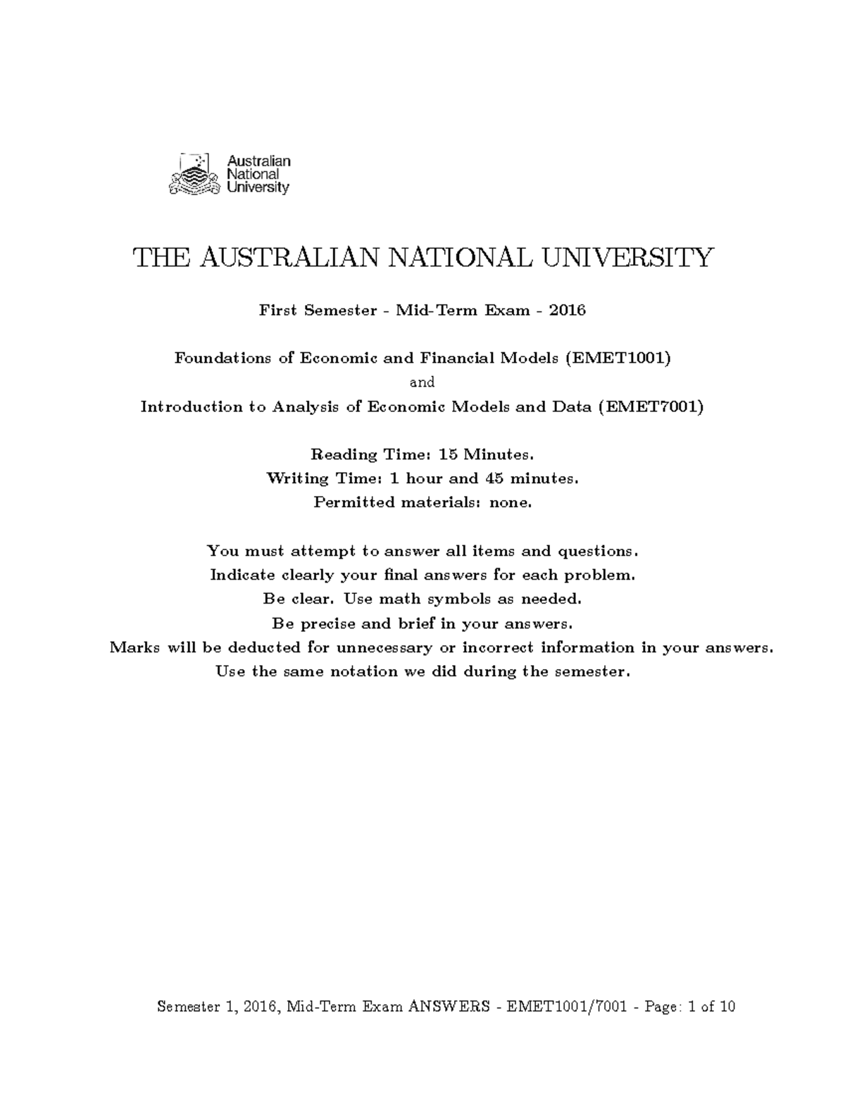 Exam 2016, questions and answers - midterm - THE AUSTRALIAN NATIONAL ...