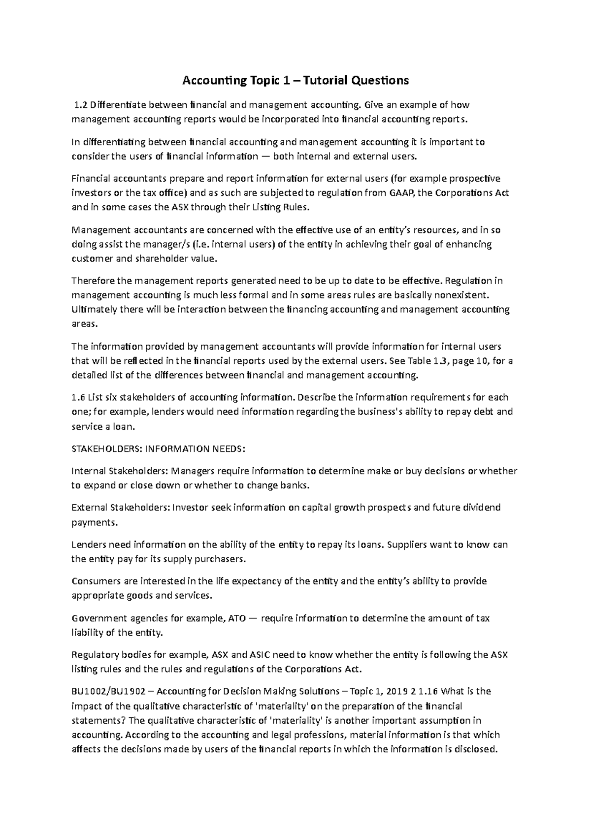 Accounting Tutorial 1 Questions - Accounting Topic 1 – Tutorial ...