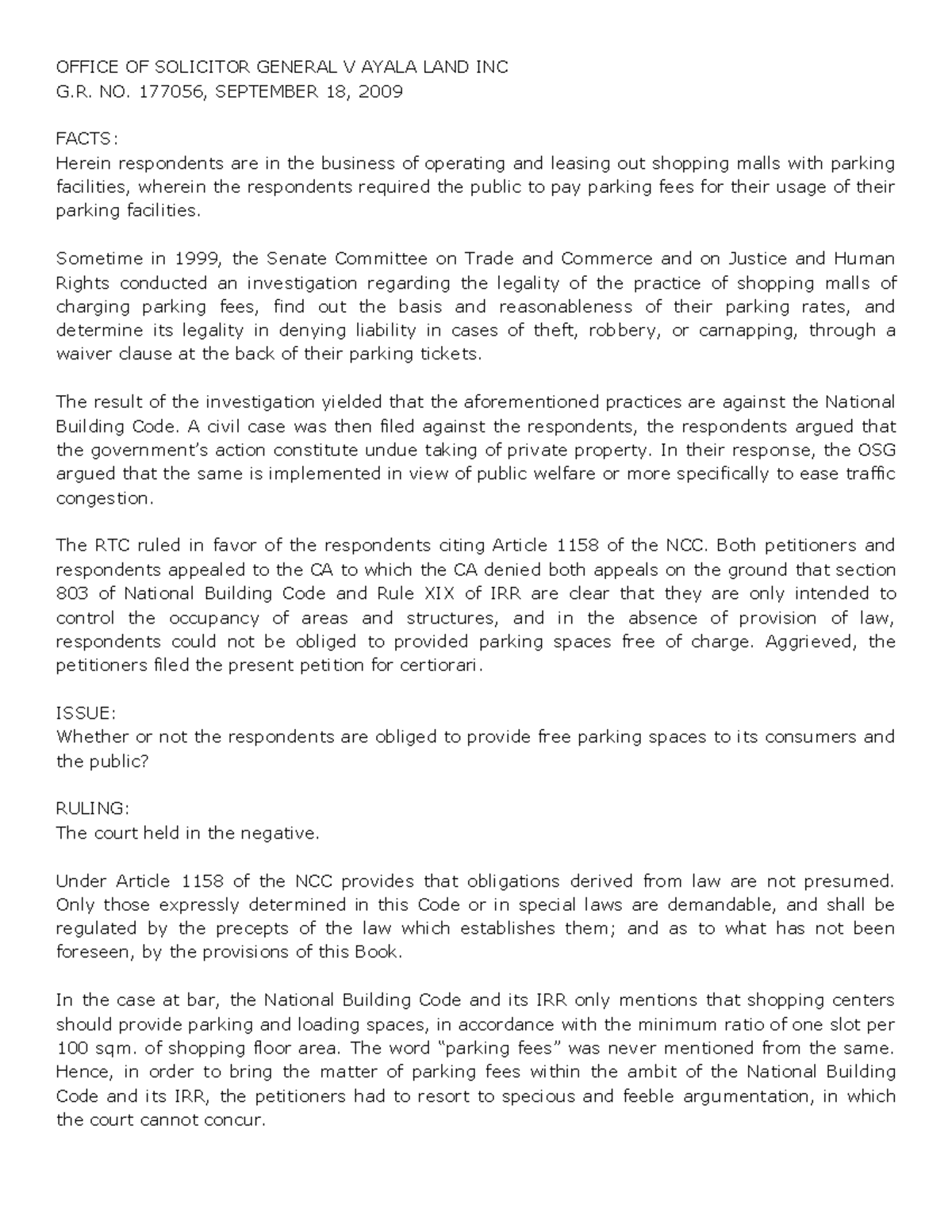 Oblicon case digest - OFFICE OF SOLICITOR GENERAL V AYALA LAND INC G ...