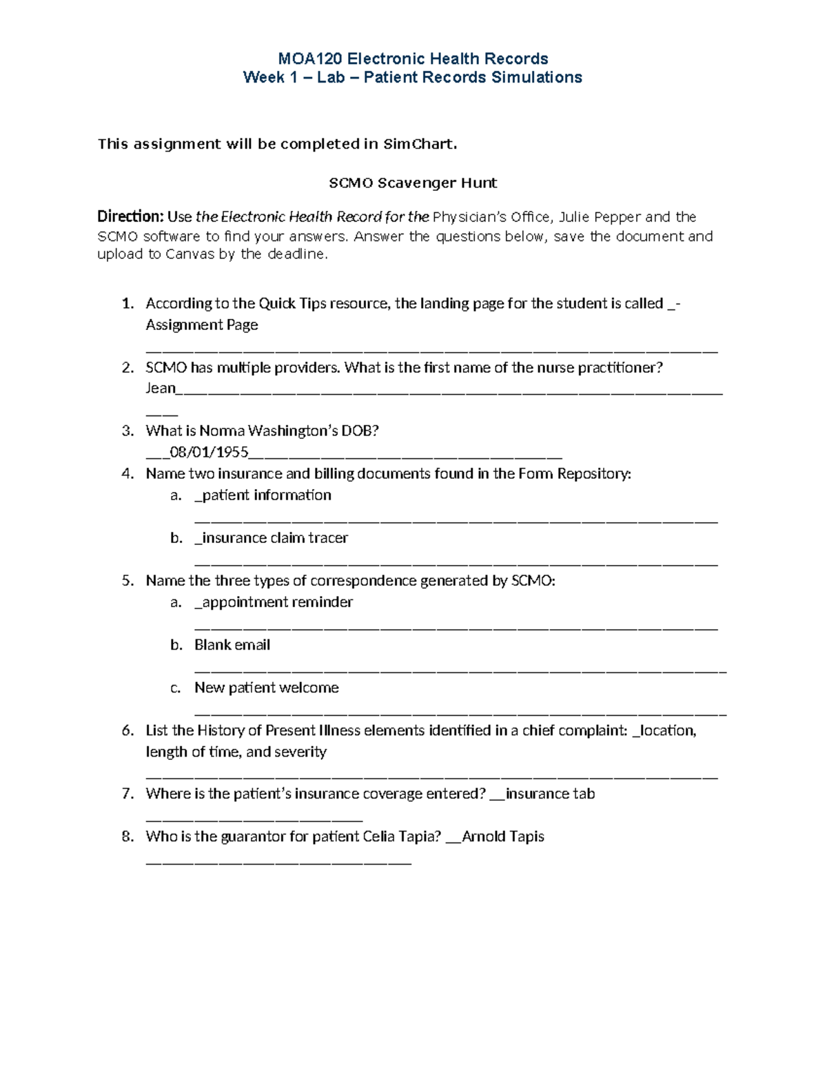 Wk1Online Lab RRS 5 19 24 - MOA120 Electronic Health Records Week 1 ...