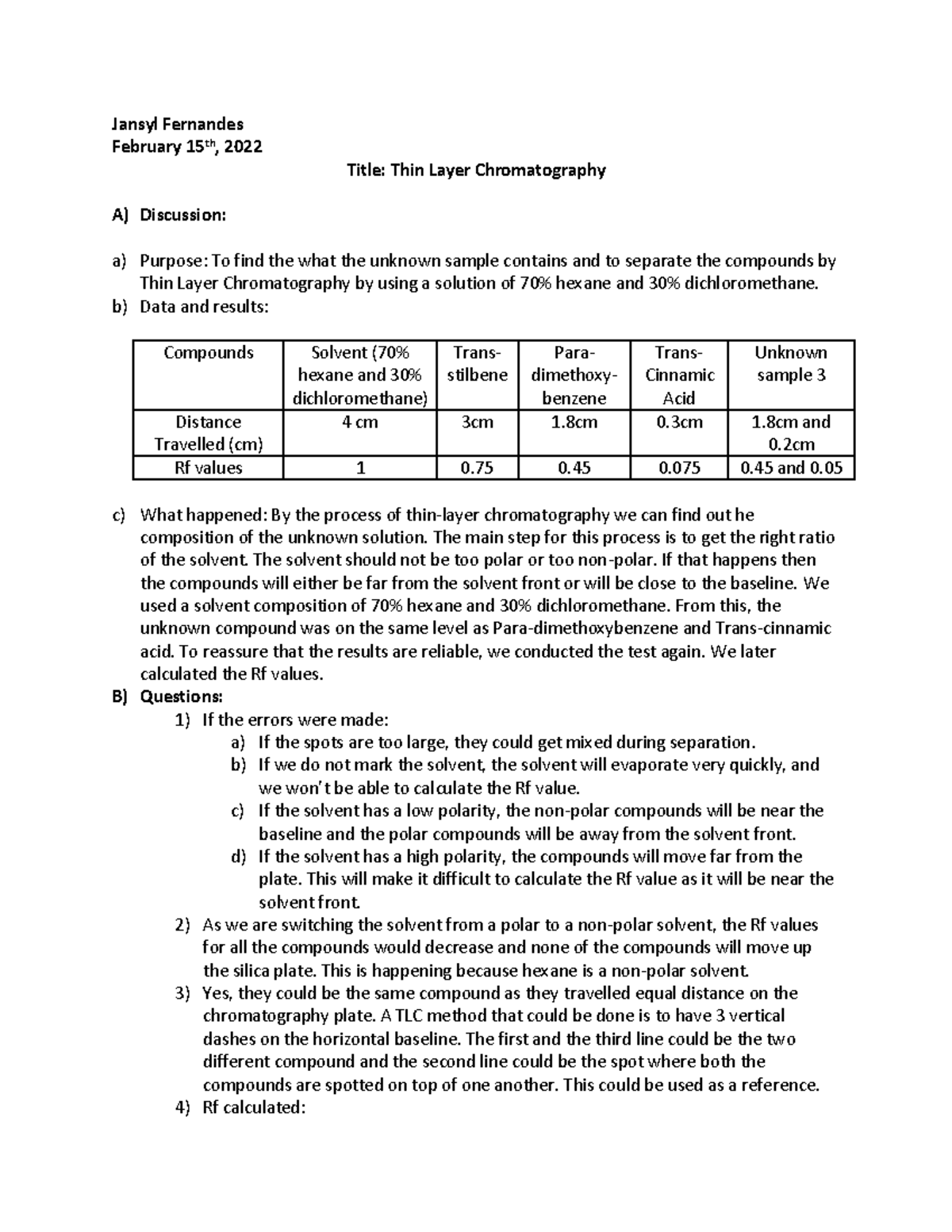 Thin Layer Chromatography Report - Jansyl Fernandes February 15th, 2022 ...