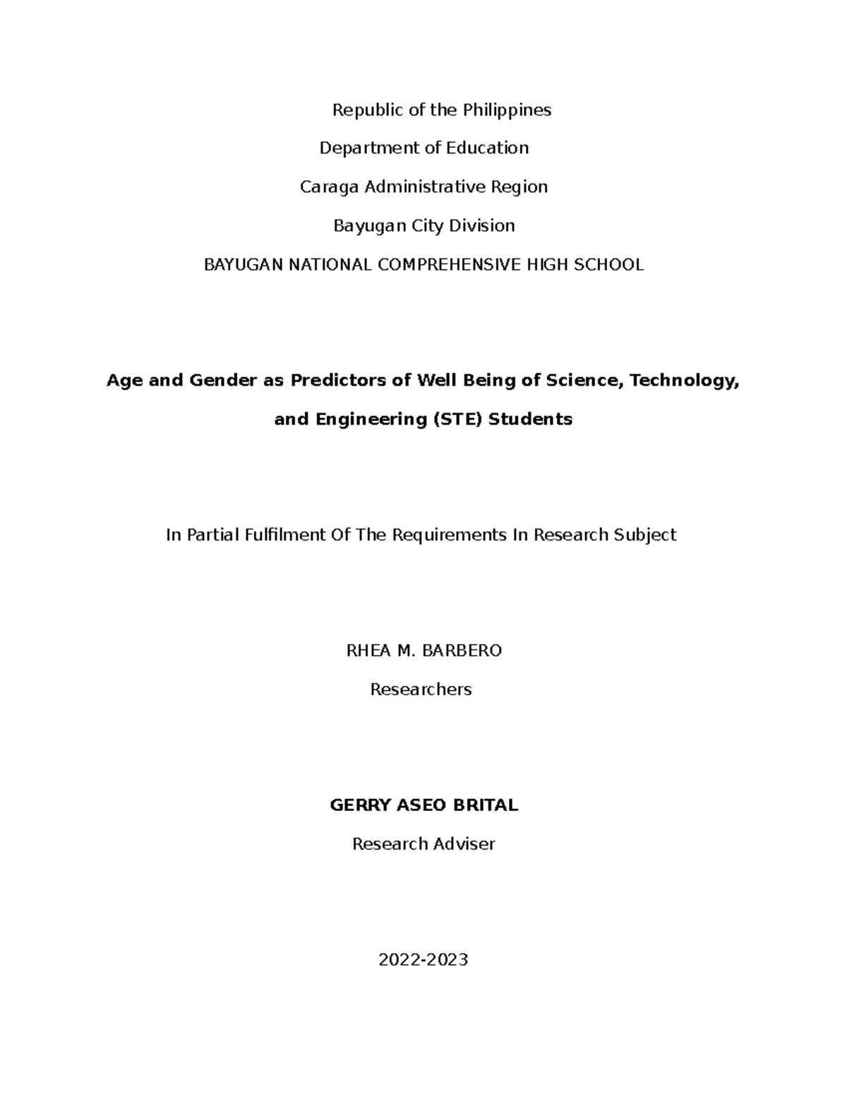 Age and Gender Rhea - Sample research paper - Republic of the ...