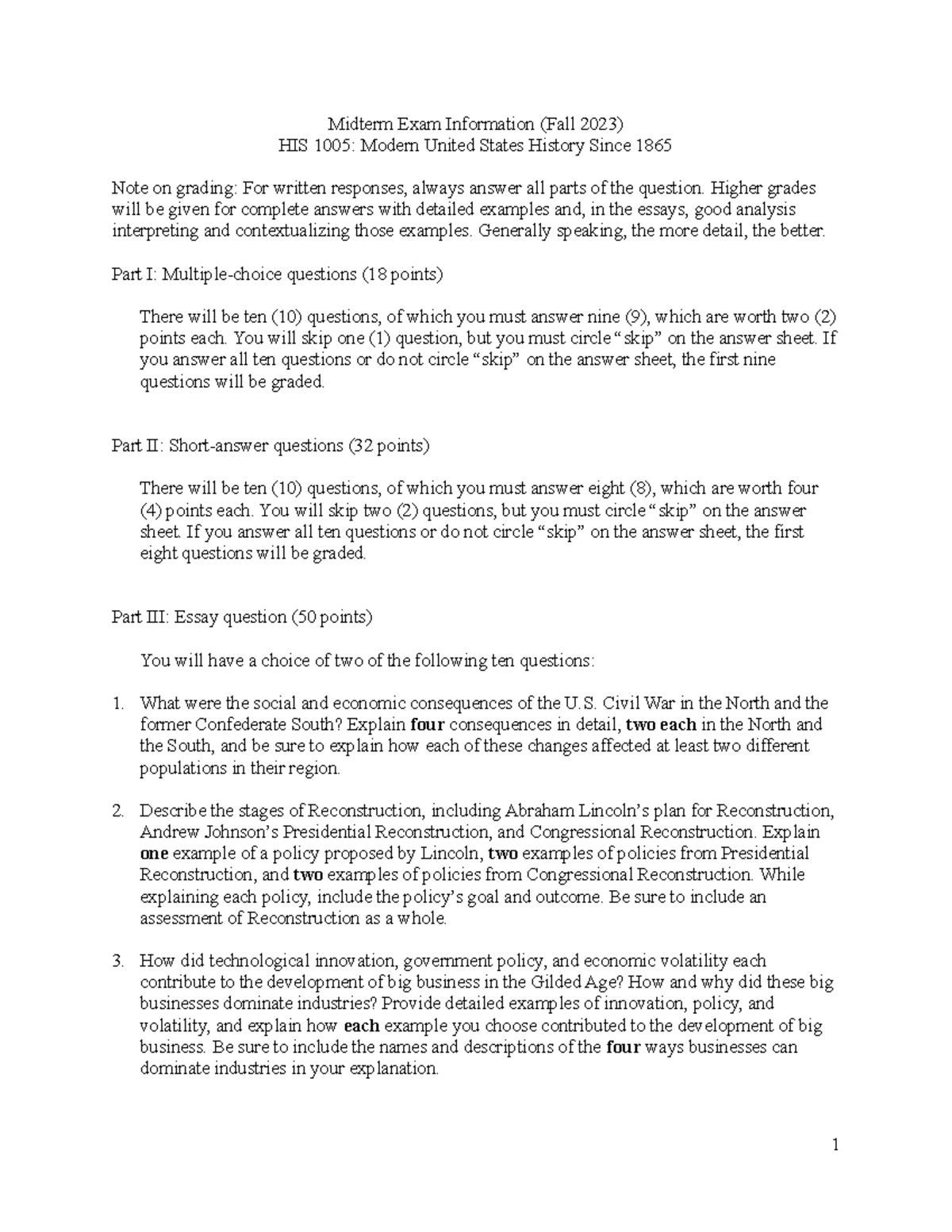 HIS 1005 Midterm Exam Info (Fall 2023) - 1 Midterm Exam Information (Fall 2023) HIS 1005: Modern ...