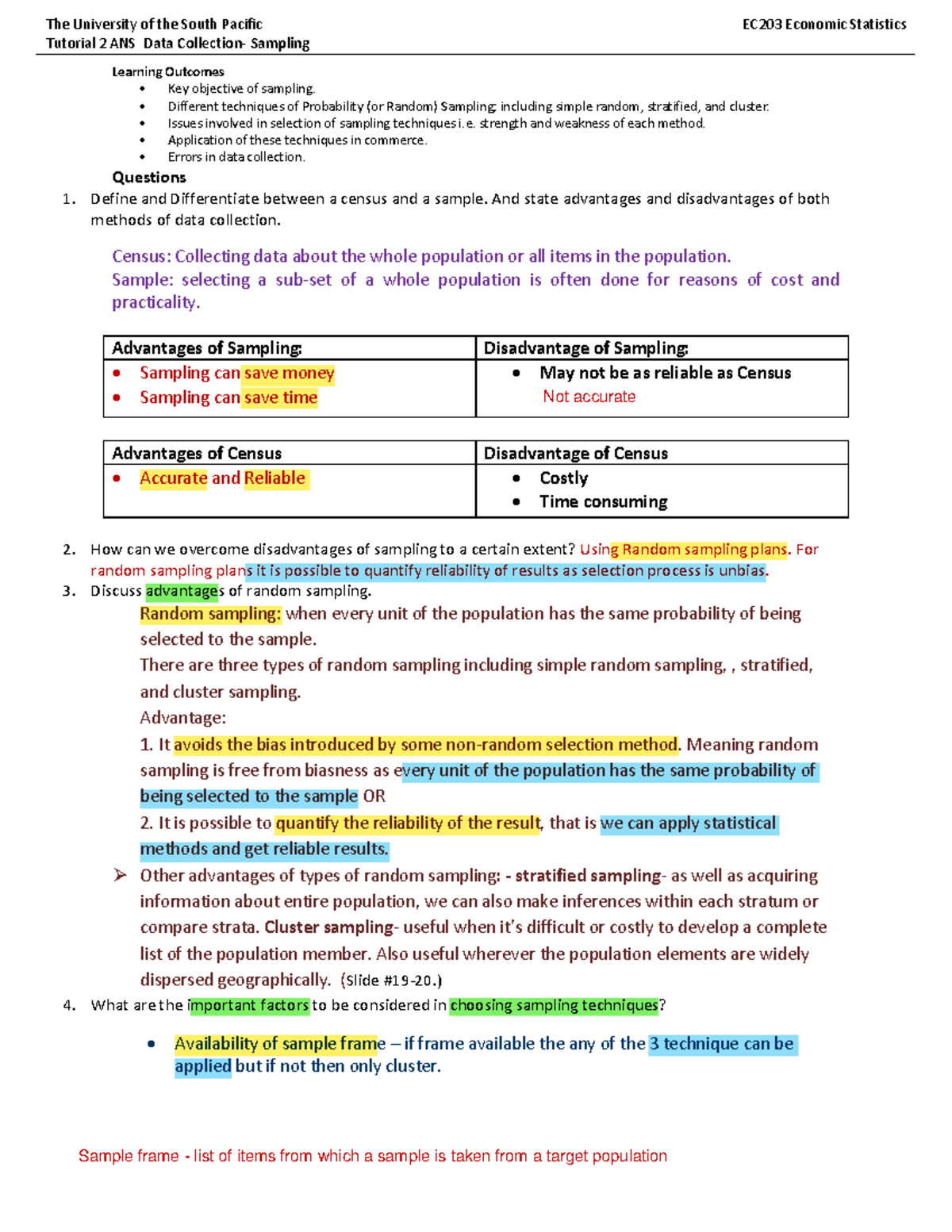EC 203 Tutorial 2 Q & A - Learning Outcomes Key objective of sampling ...