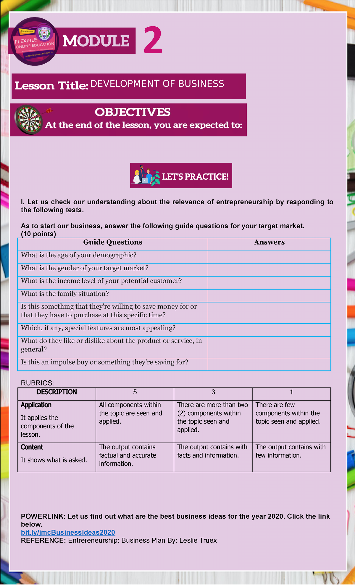 Activity Lesson 2-Development of the Business Plan - I. Let us check ...