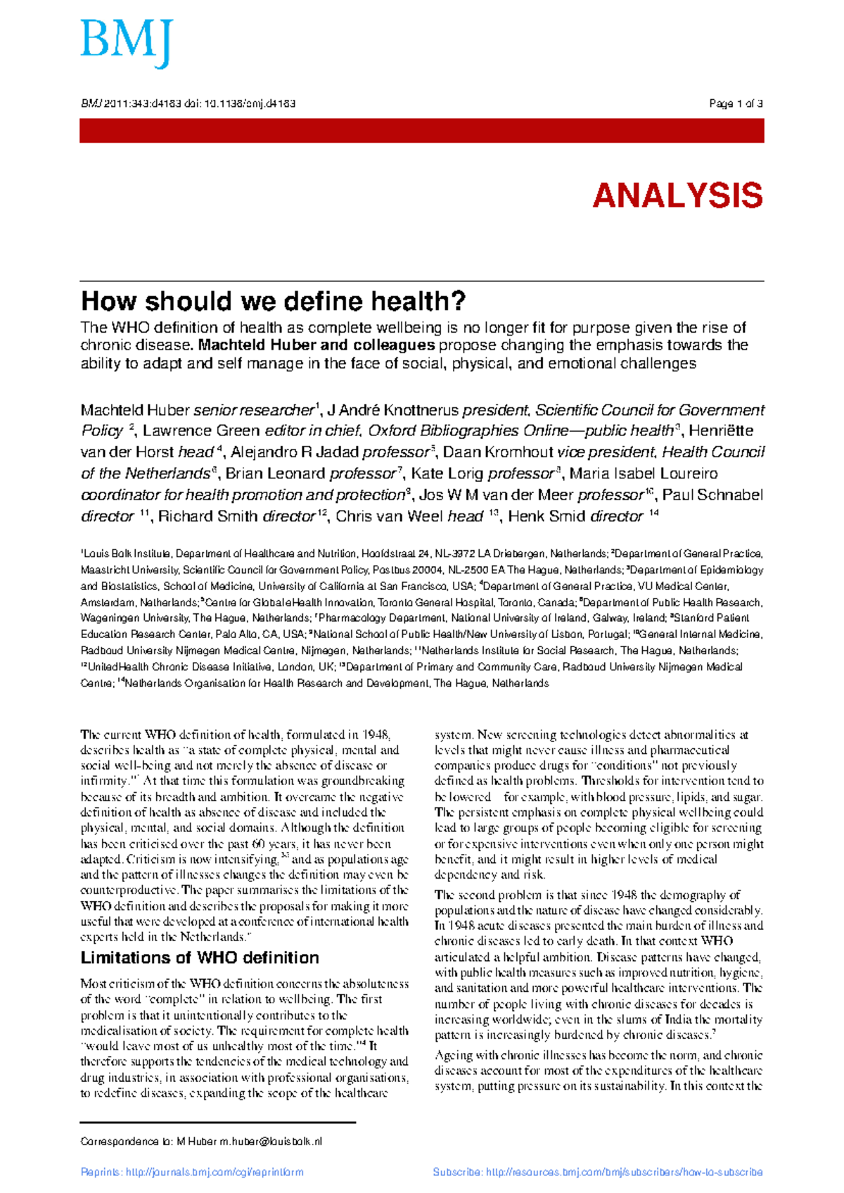 1 Huber - How should we define health? The WHO definition of health as ...