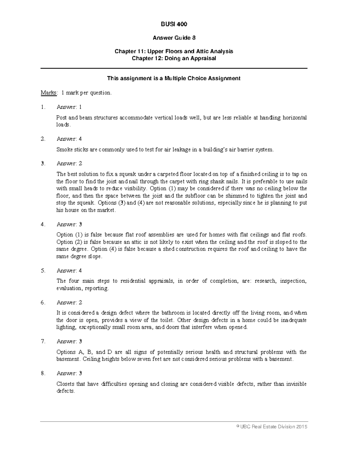 400 8 - assignments - © UBC Real Estate Division 2015 BUSI 400 Answer ...