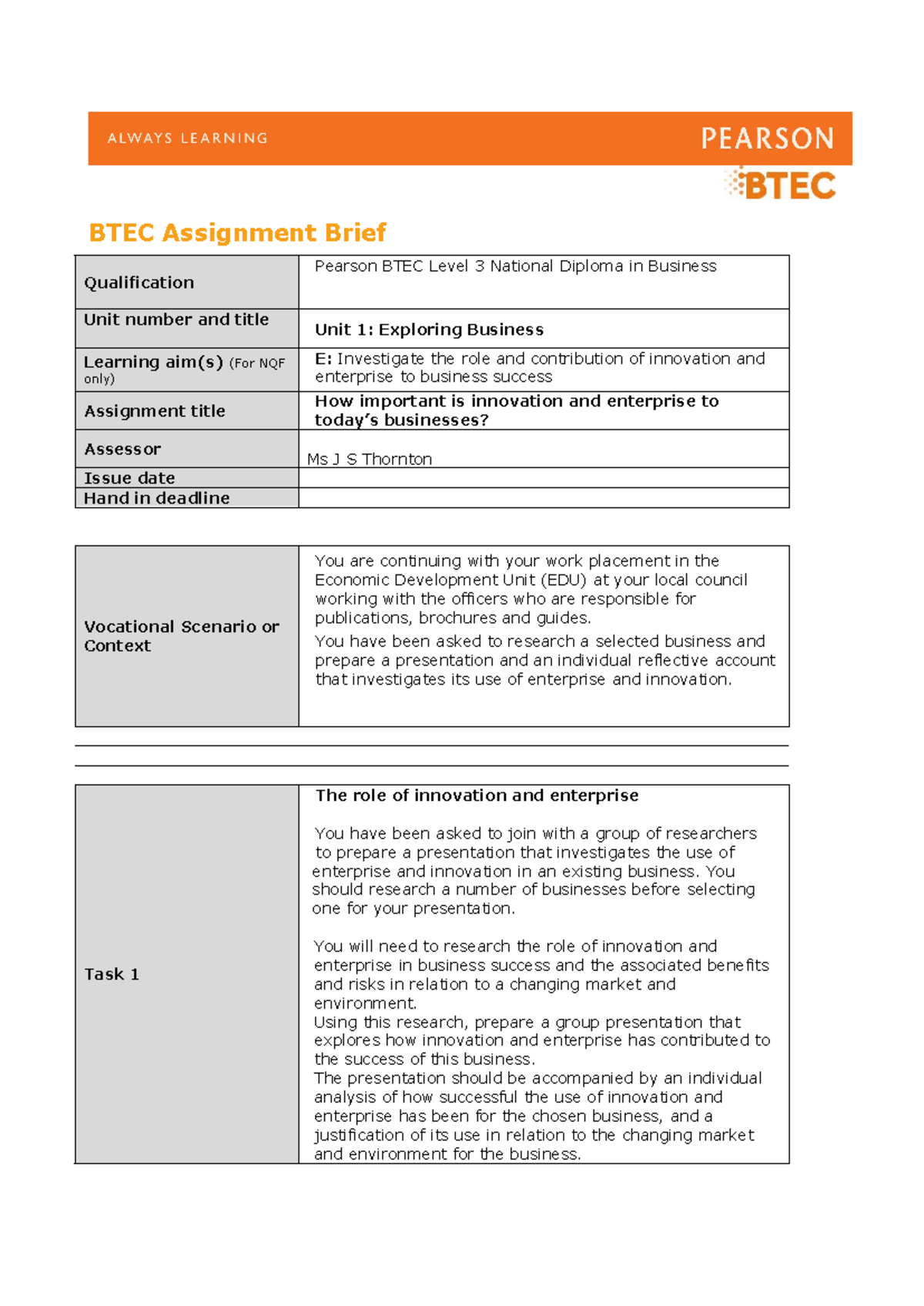 Assignment 3 - Brief - BTEC Assignment Brief Qualification Pearson BTEC ...